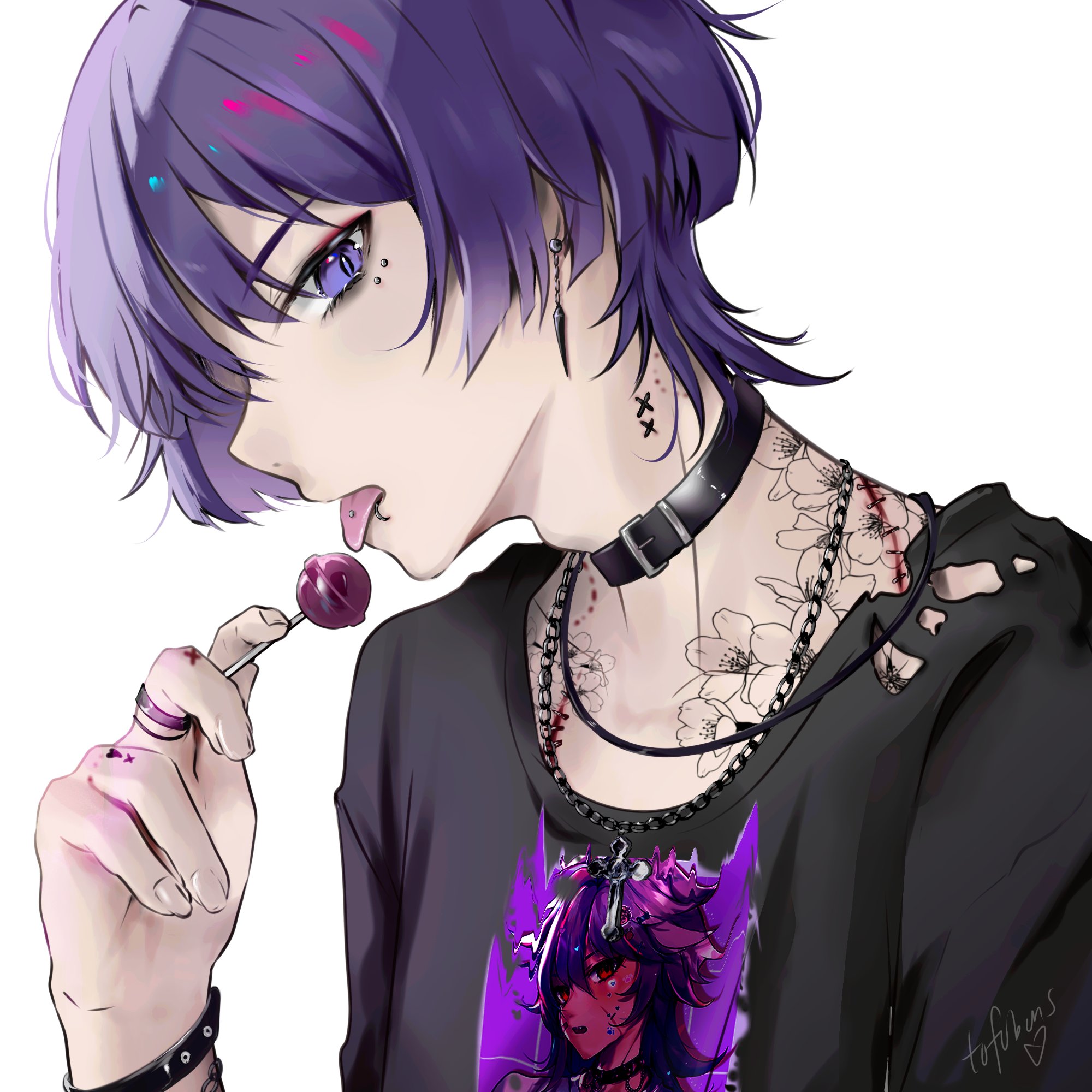 Safebooru - 1boy black choker black shirt candy choker earrings food genshin impact hair between ...
