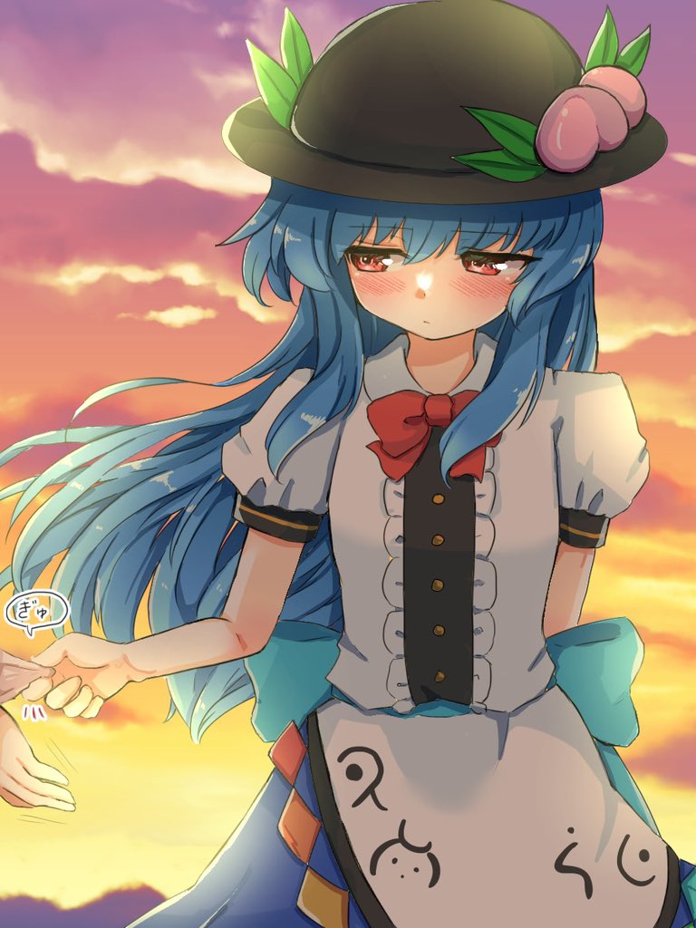 Safebooru - 1girl 1other black hat blue hair blue skirt blush center frills closed mouth clothes ...