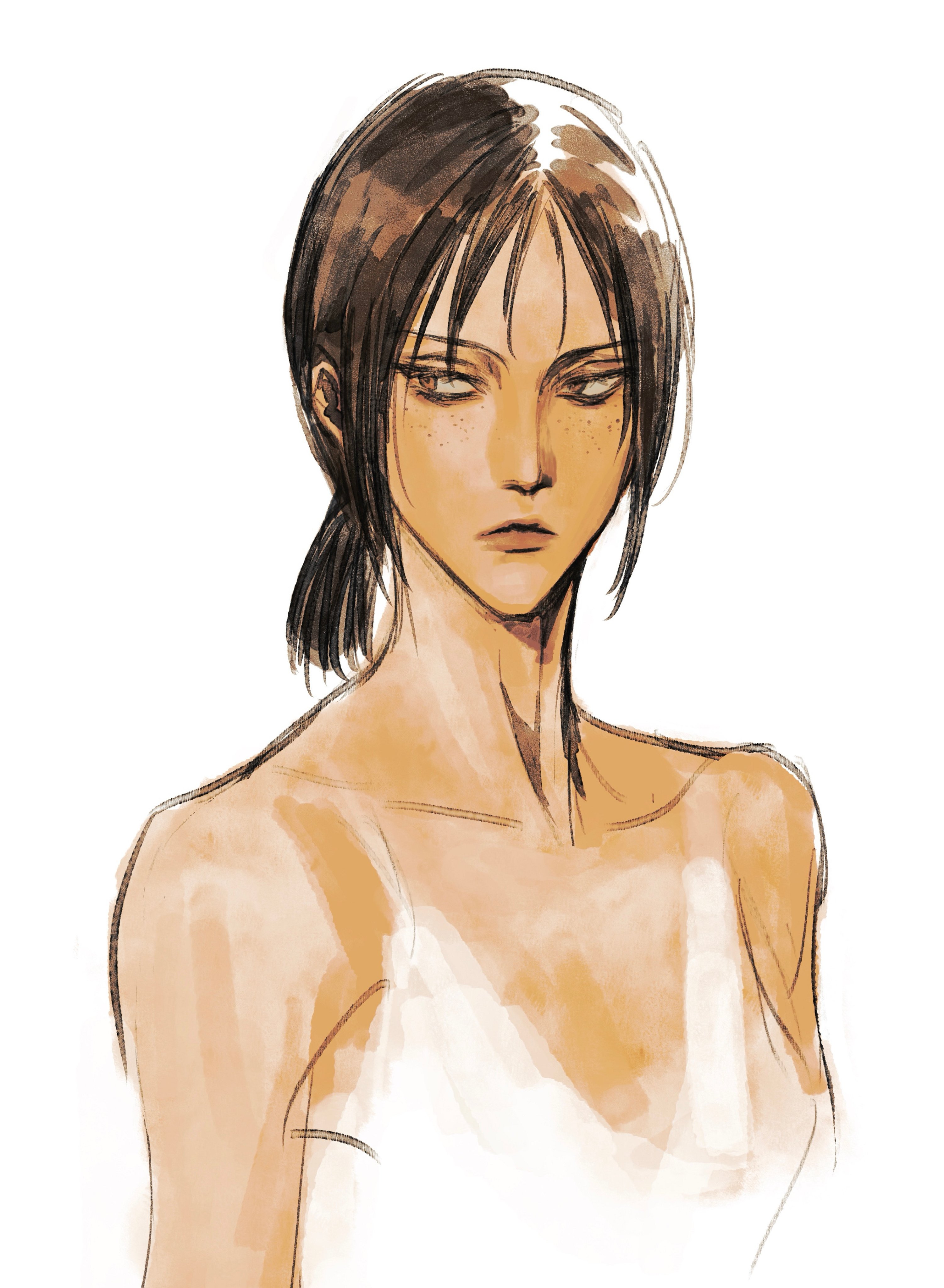 Safebooru - 1girl absurdres brown eyes brown hair collarbone czyw freckles highres looking to ...