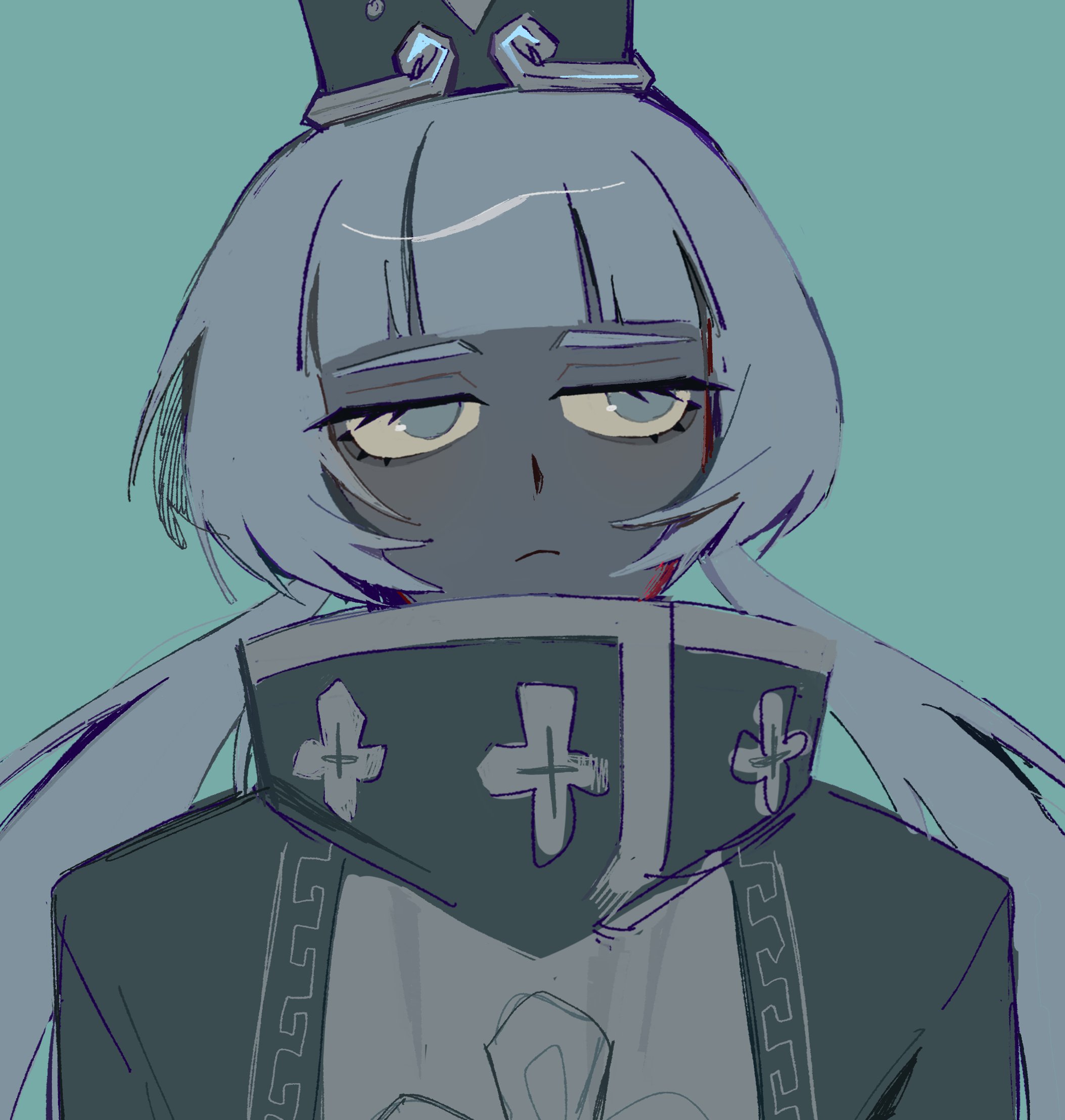 Safebooru - 1girl blue background charon (project moon) closed mouth colored skin dress grey ...