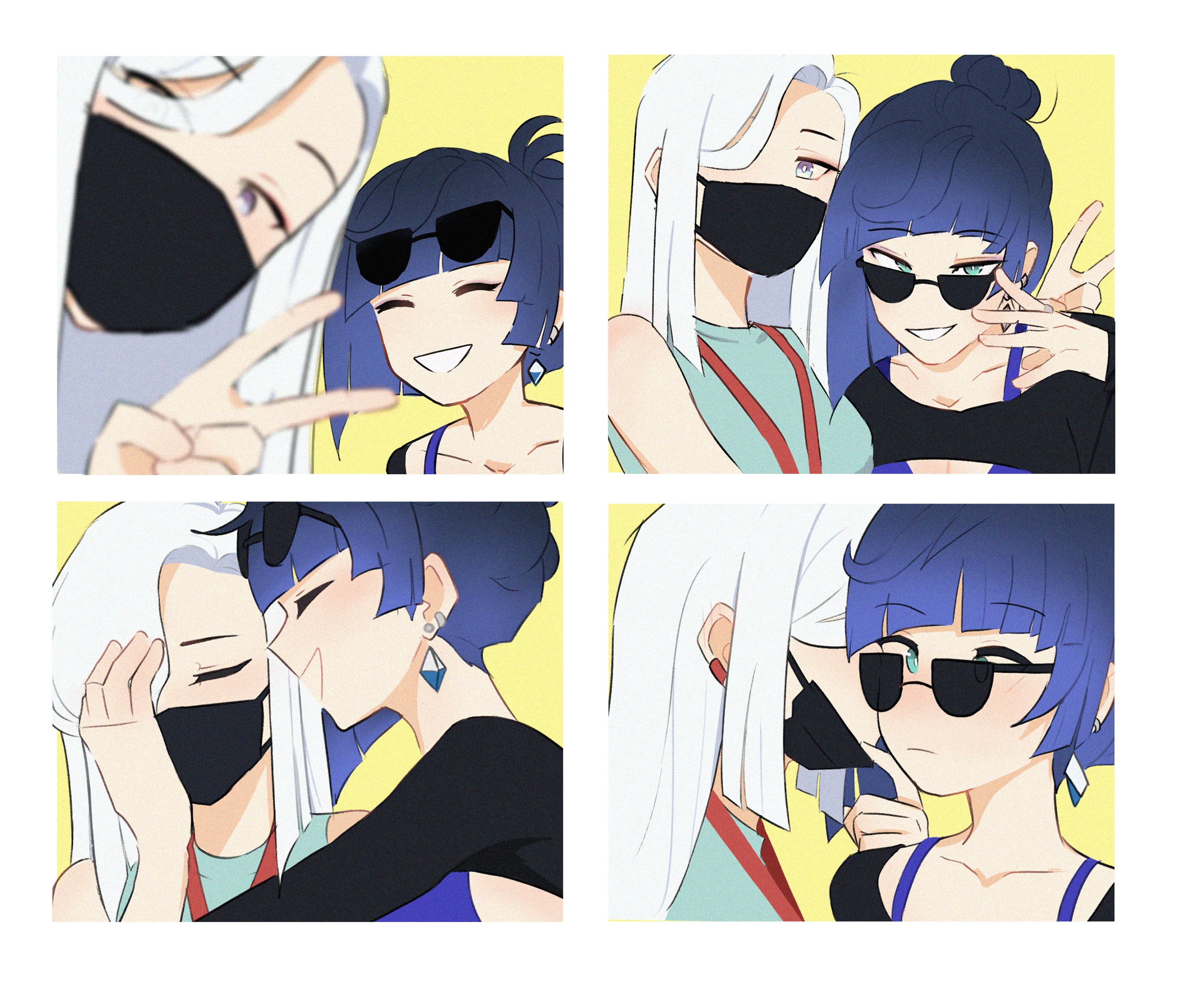 Safebooru - 2girls absurdres black mask black shirt blue eyes blue shirt blush closed eyes ...