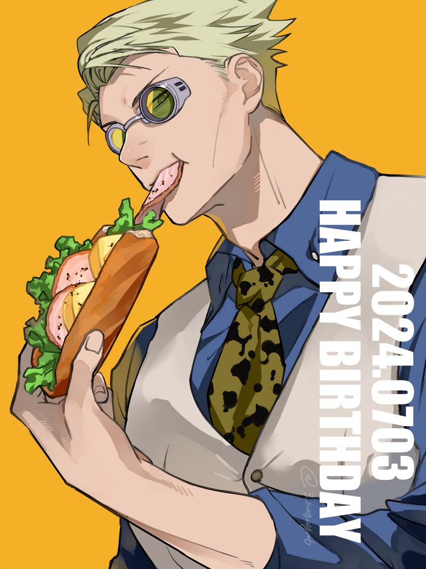 Safebooru - 1boy animal print blonde hair blue shirt bread cheese ...