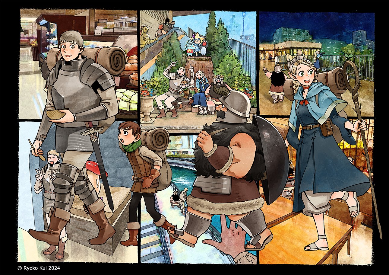 Safebooru - 2girls 5boys :d ^ ^ ambrosia (dungeon meshi) armor backpack bag baggy pants beard ...