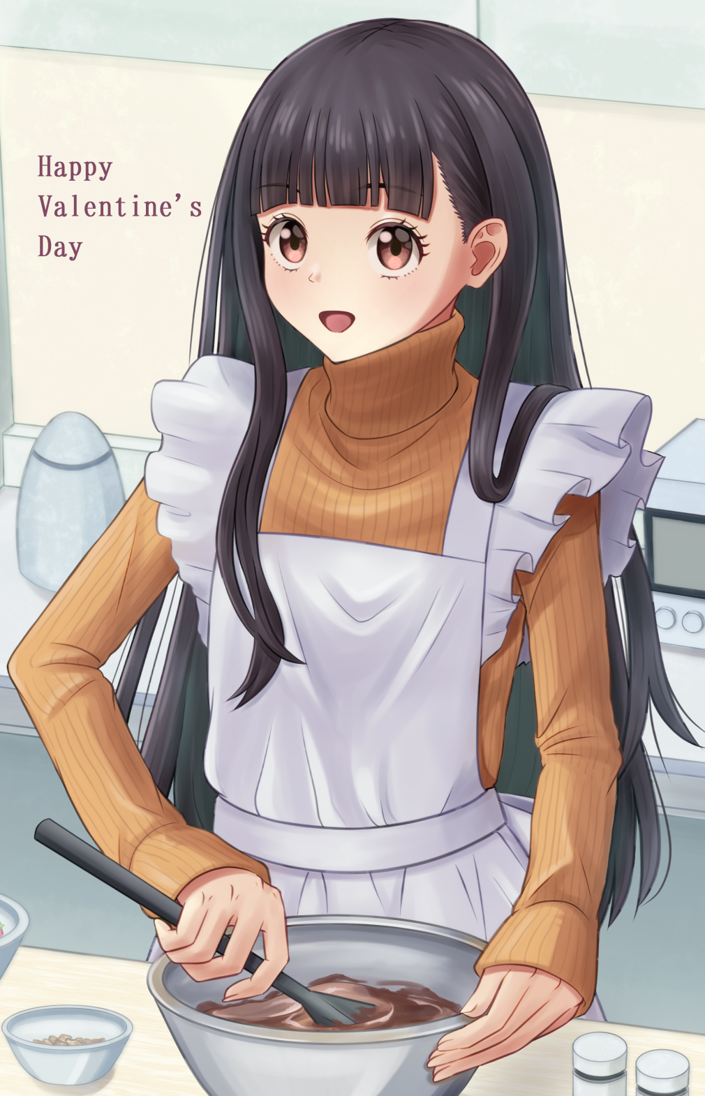 Safebooru - 1girl :o apron black hair blunt bangs bowl brown eyes brown ...