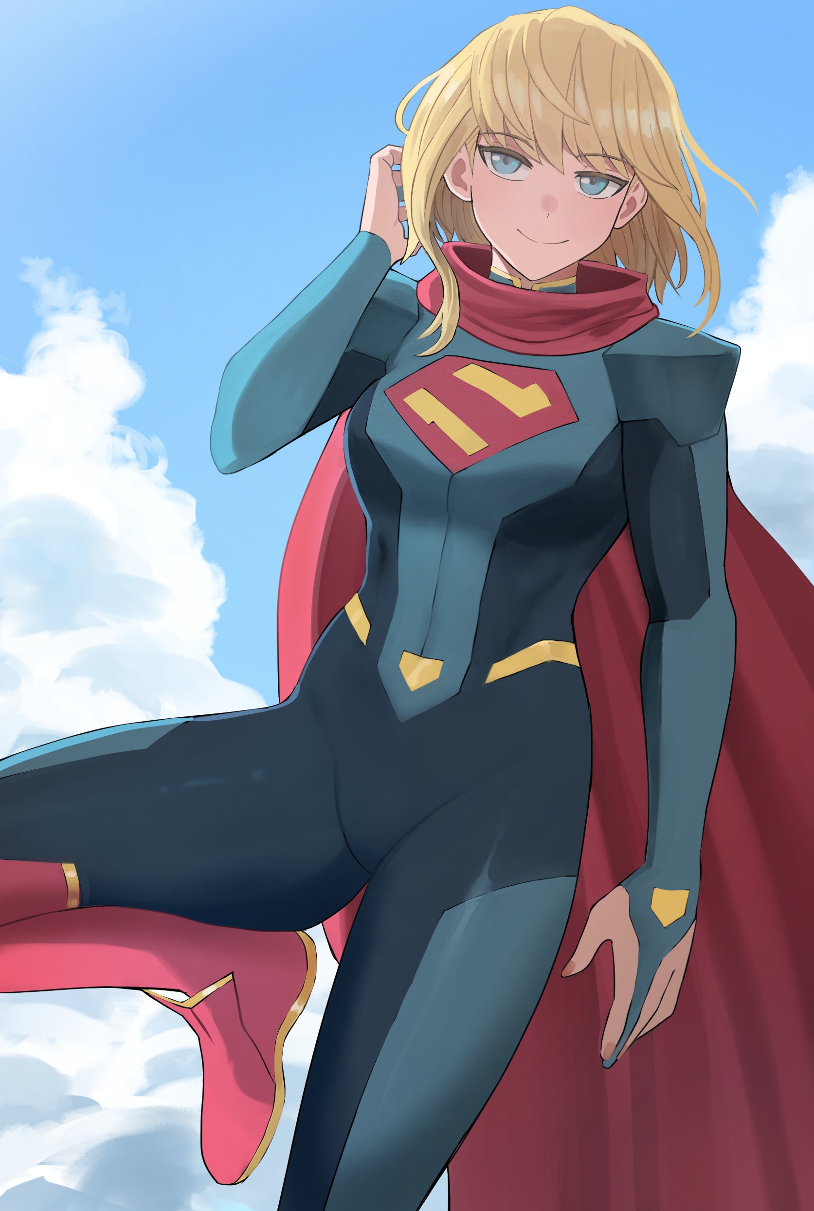 Safebooru - 1girl absurdres blonde hair blue eyes blue sky bodysuit ...