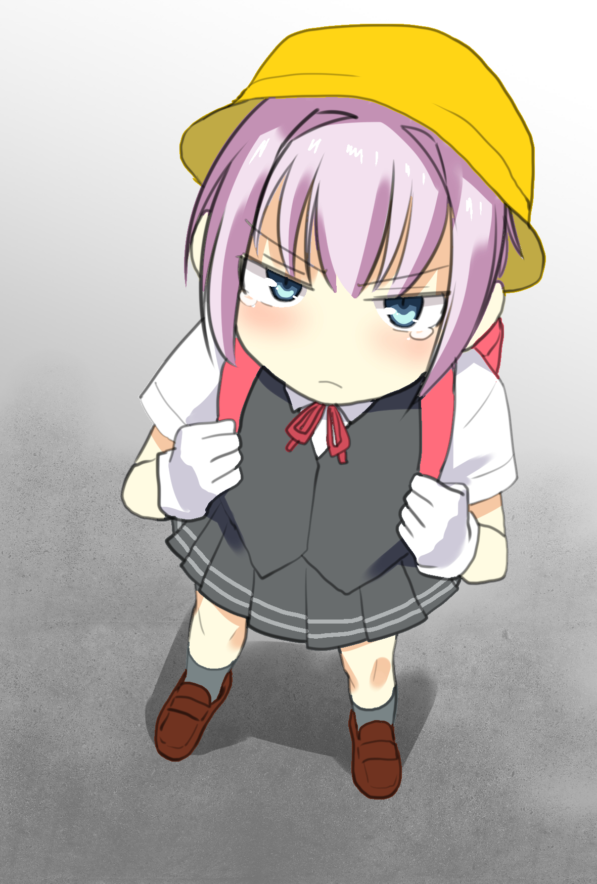 Safebooru - 1girl backpack bag black skirt black vest collared shirt dress shirt from above ...