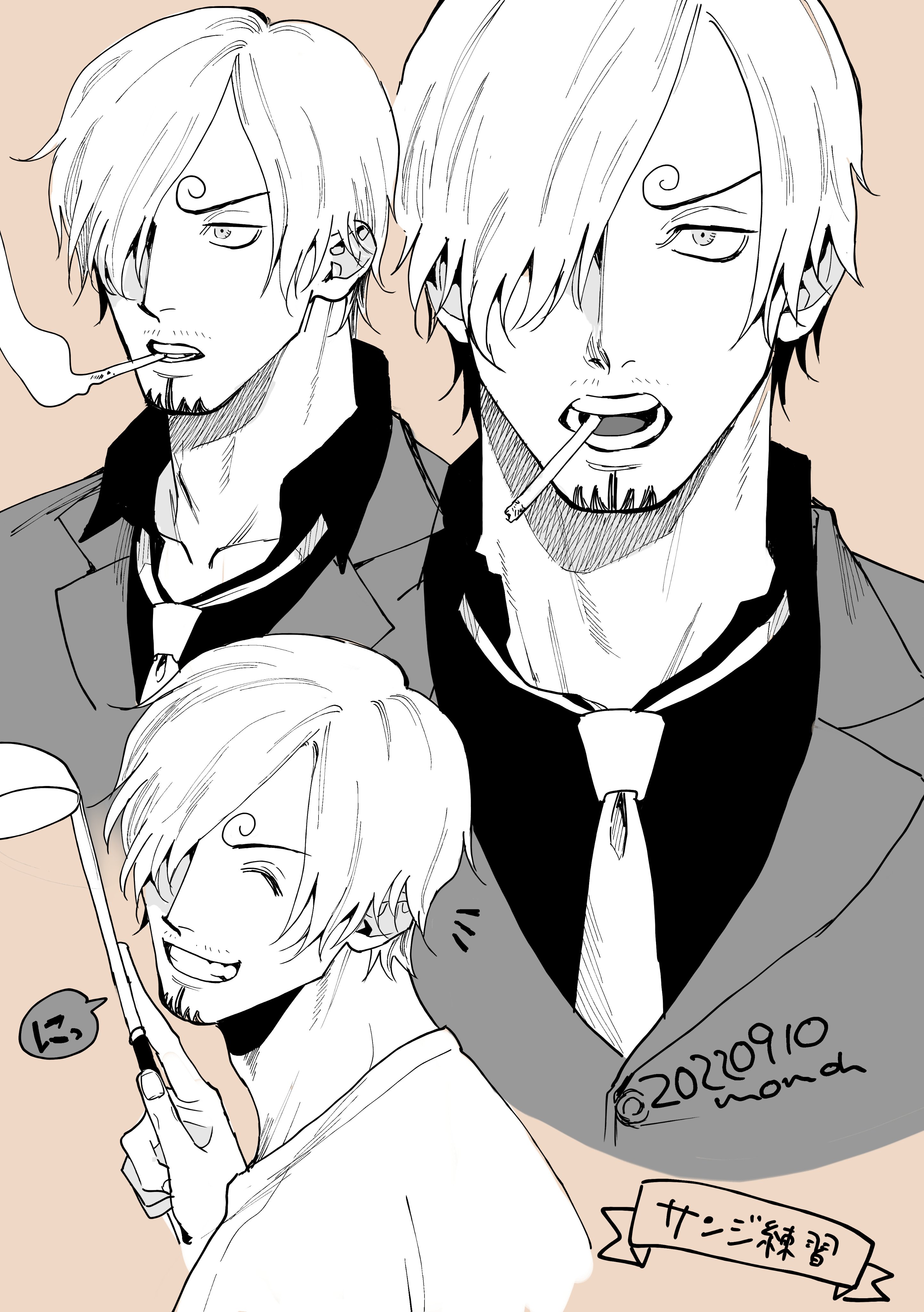 Safebooru - 1boy absurdres black shirt brown background cigarette curly ...