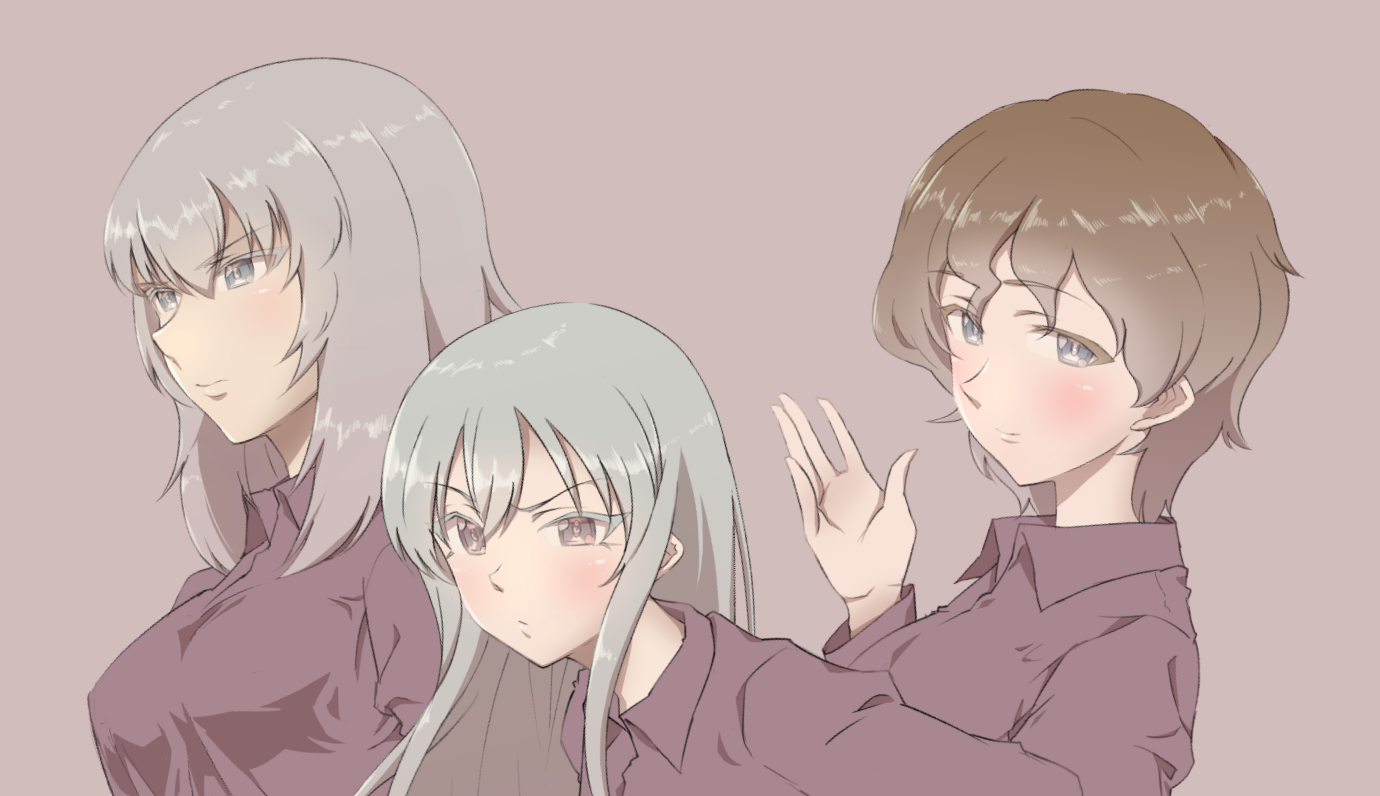 Safebooru - 3girls akaboshi koume blue eyes brown eyes brown hair commentary request dress shirt ...