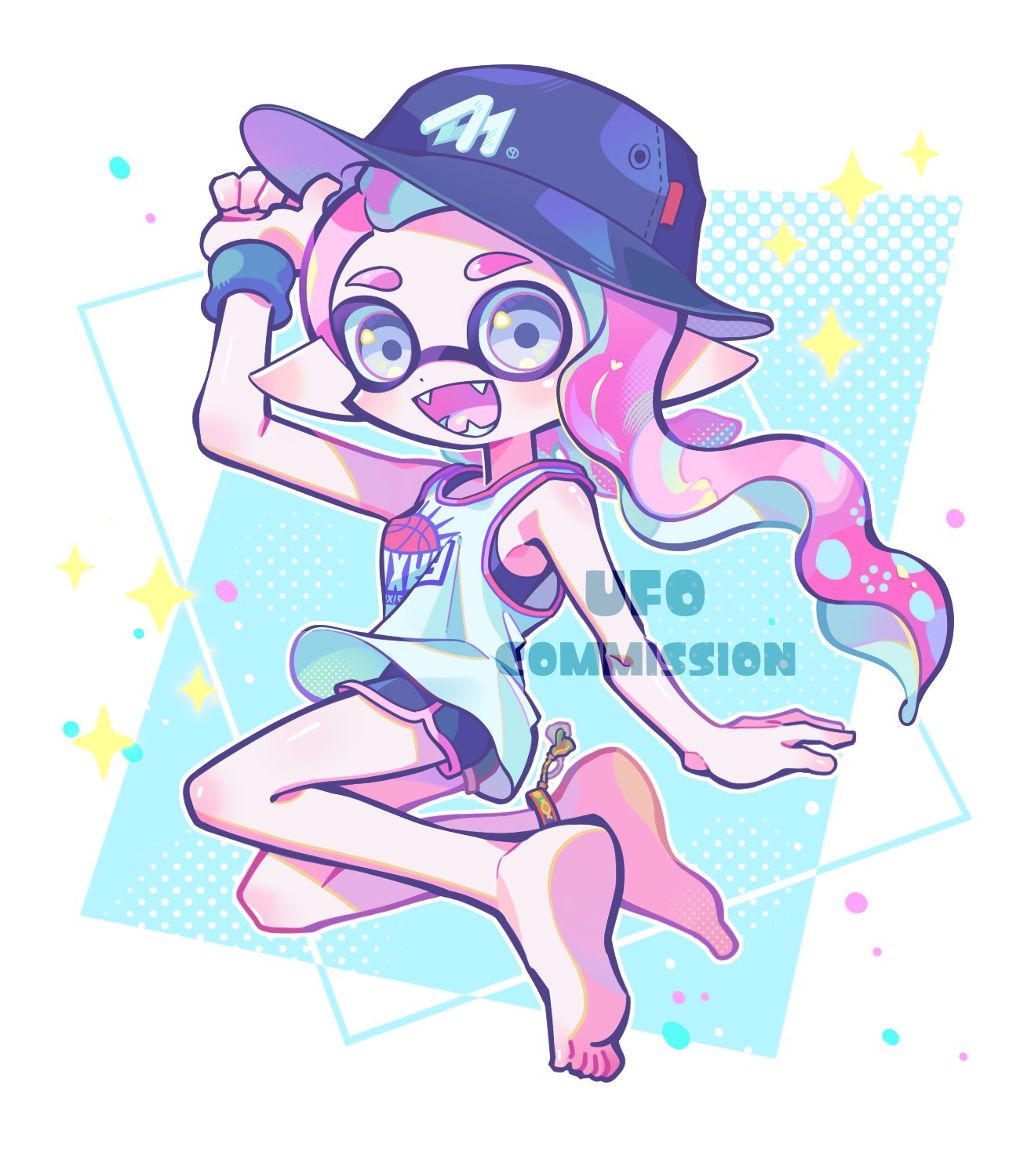 Safebooru - 1girl :d barefoot black hat black shorts blue background ...