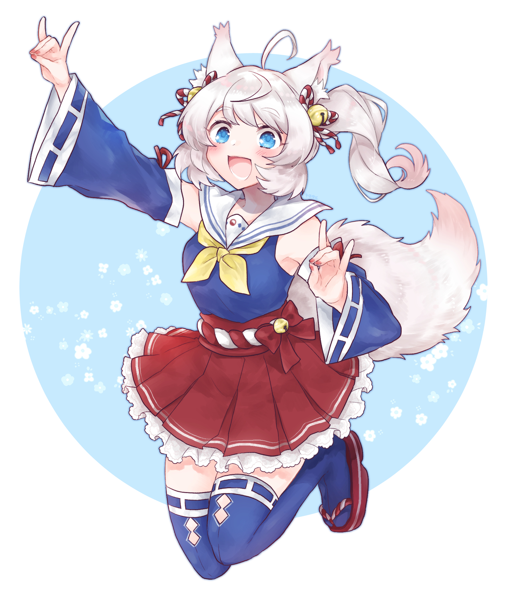 Safebooru - 1girl :d animal ears bell blue background blue eyes blue ...