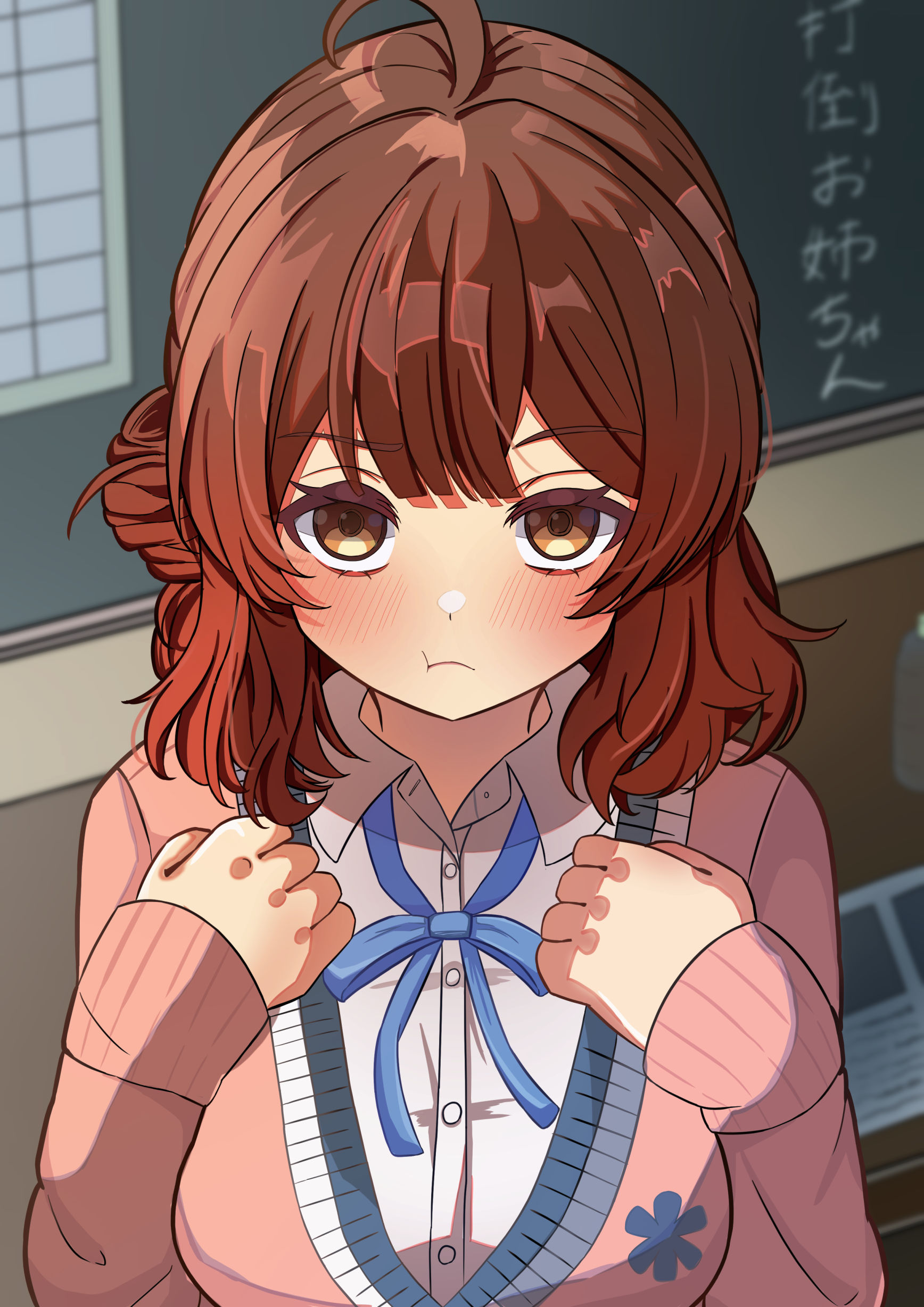 Safebooru - 1girl :t absurdres ahoge blue ribbon blush breasts brown cardigan brown hair ...