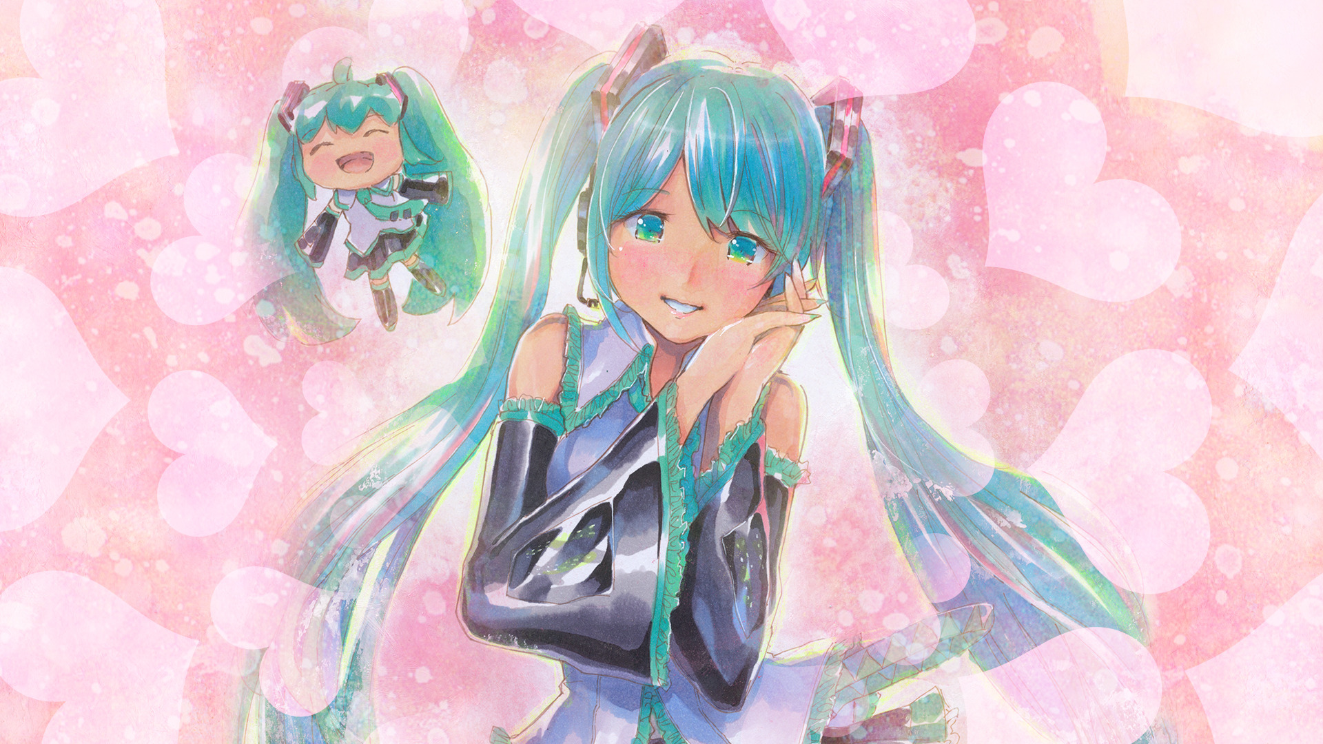 Safebooru - 2girls aqua eyes aqua hair aqua nails aqua necktie bare shoulders black skirt black ...