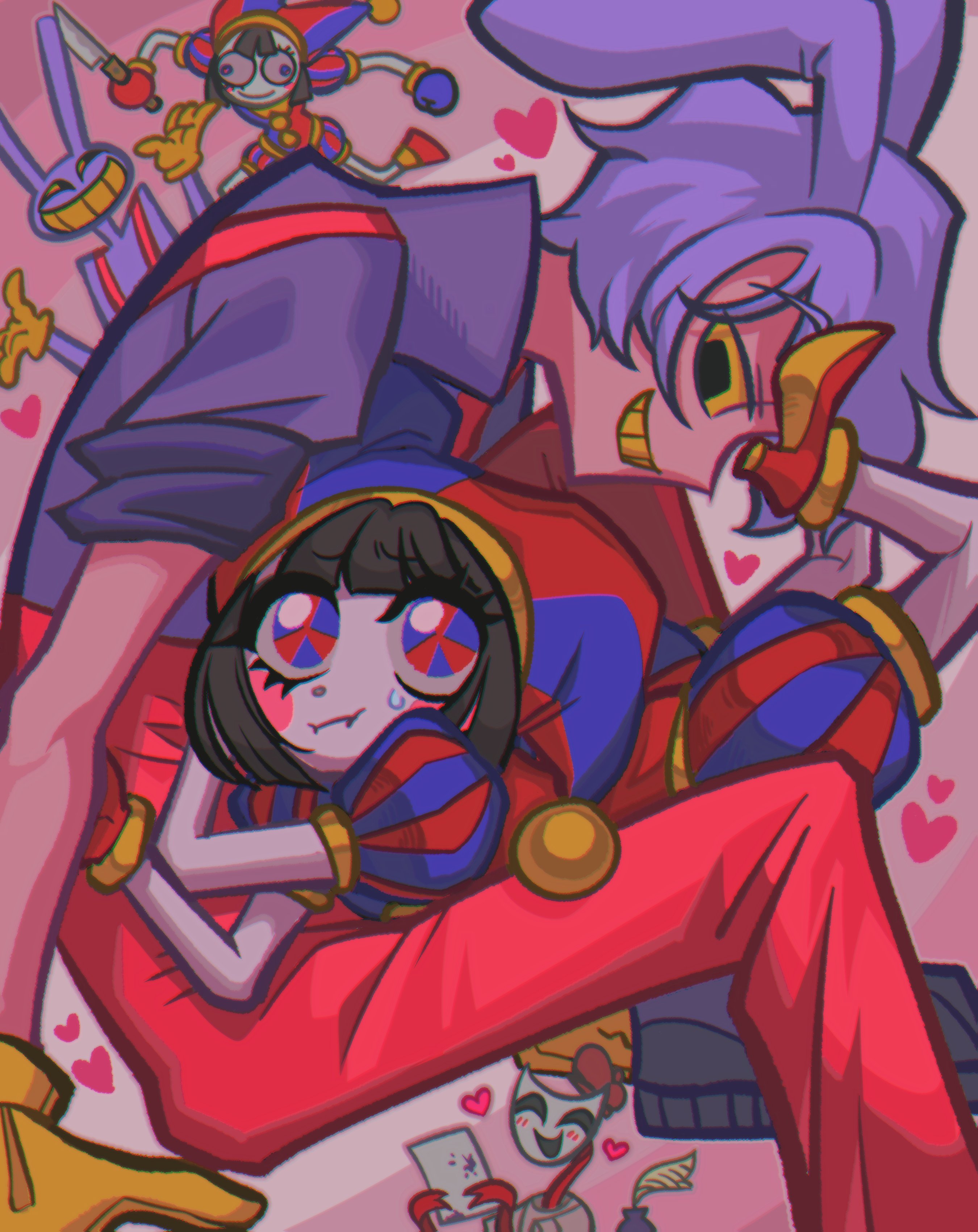 Safebooru - 1boy 2girls absurdres animal ears black eyes blue eyes blush collage colored sclera ...