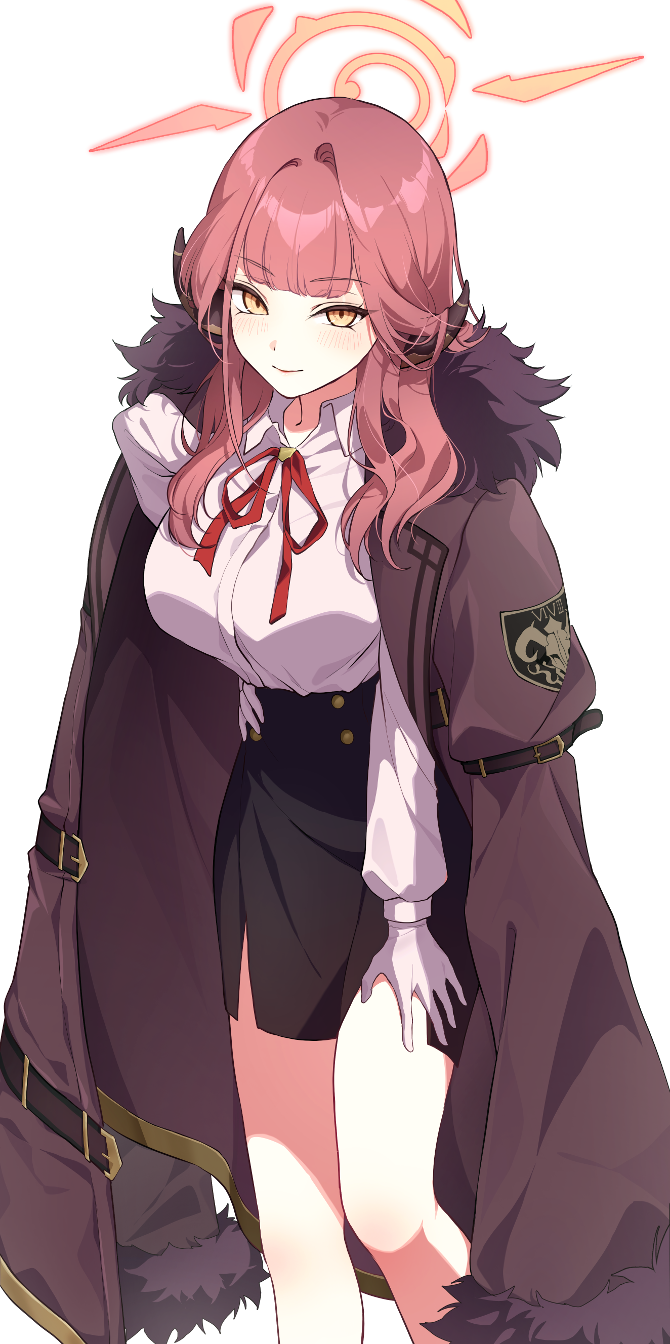 Safebooru - 1girl absurdres aru (blue archive) black skirt blue archive blush brown coat closed ...