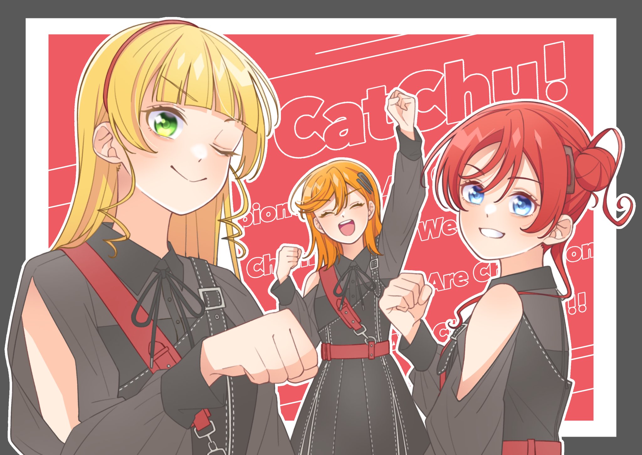 Safebooru - 3girls arm up black dress black ribbon blonde hair blue ...