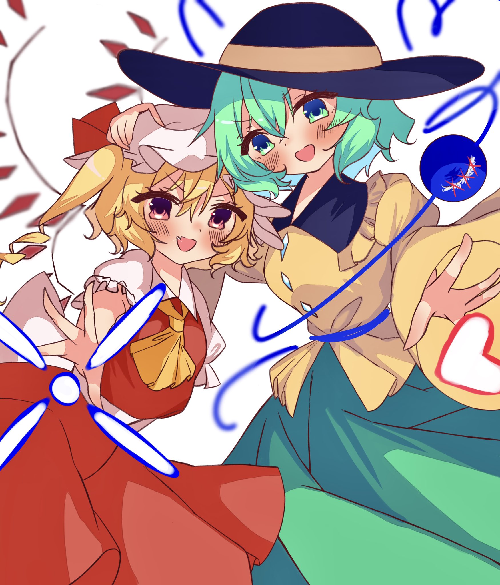 Safebooru - 2girls ascot black hair blonde hair cowboy shot dress flandre scarlet frilled dress ...