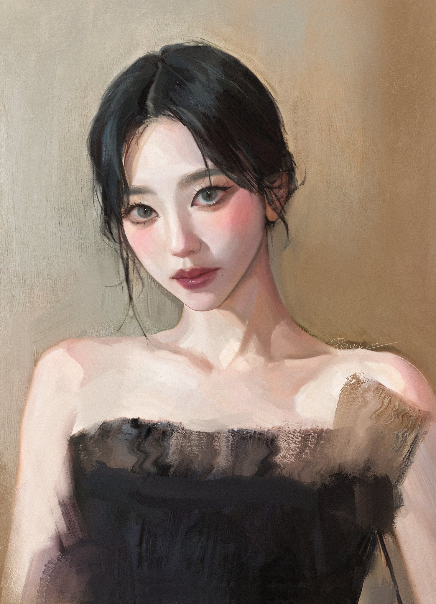 Safebooru - 1girl aespa asian bare shoulders black dress black hair brown background collarbone ...