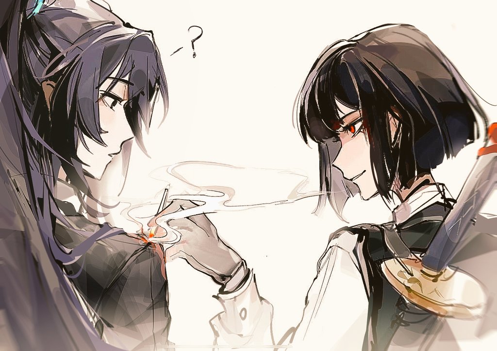 Safebooru - 1boy 1girl black hair black vest bob cut burning cigarette ...