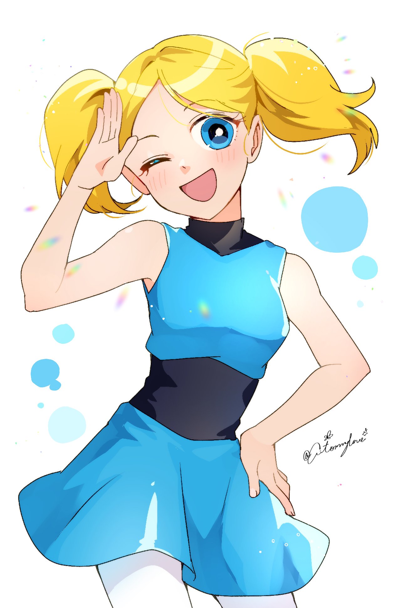 Safebooru - 1girl aitommylove arm up blonde hair blue dress blue eyes blush breasts bubbles (ppg ...