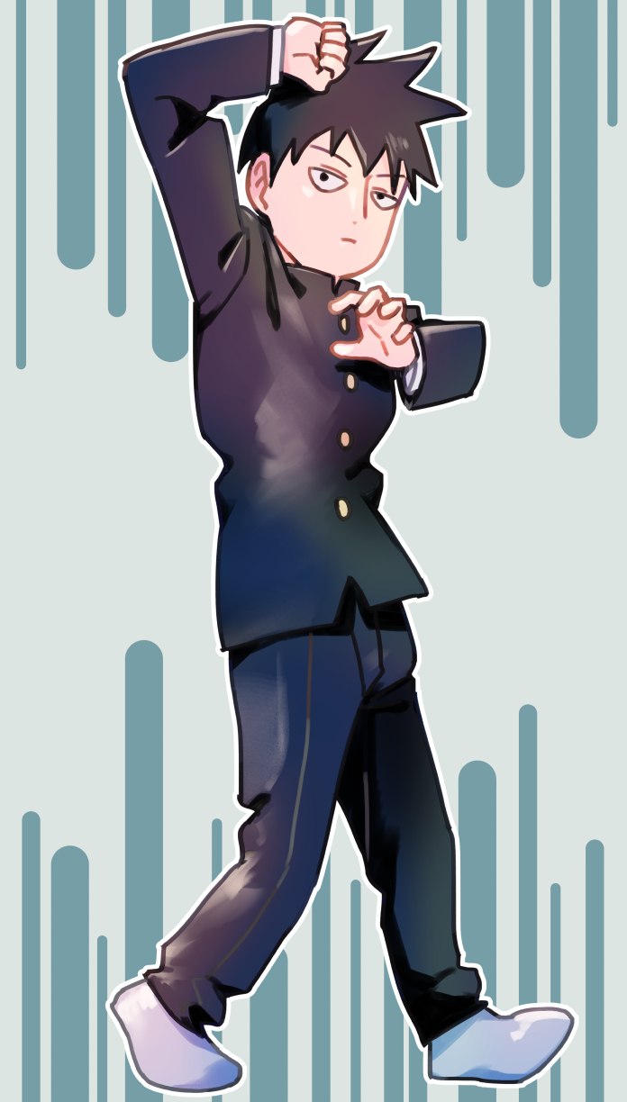 Safebooru - 1boy arm up black eyes black hair closed mouth full body ...