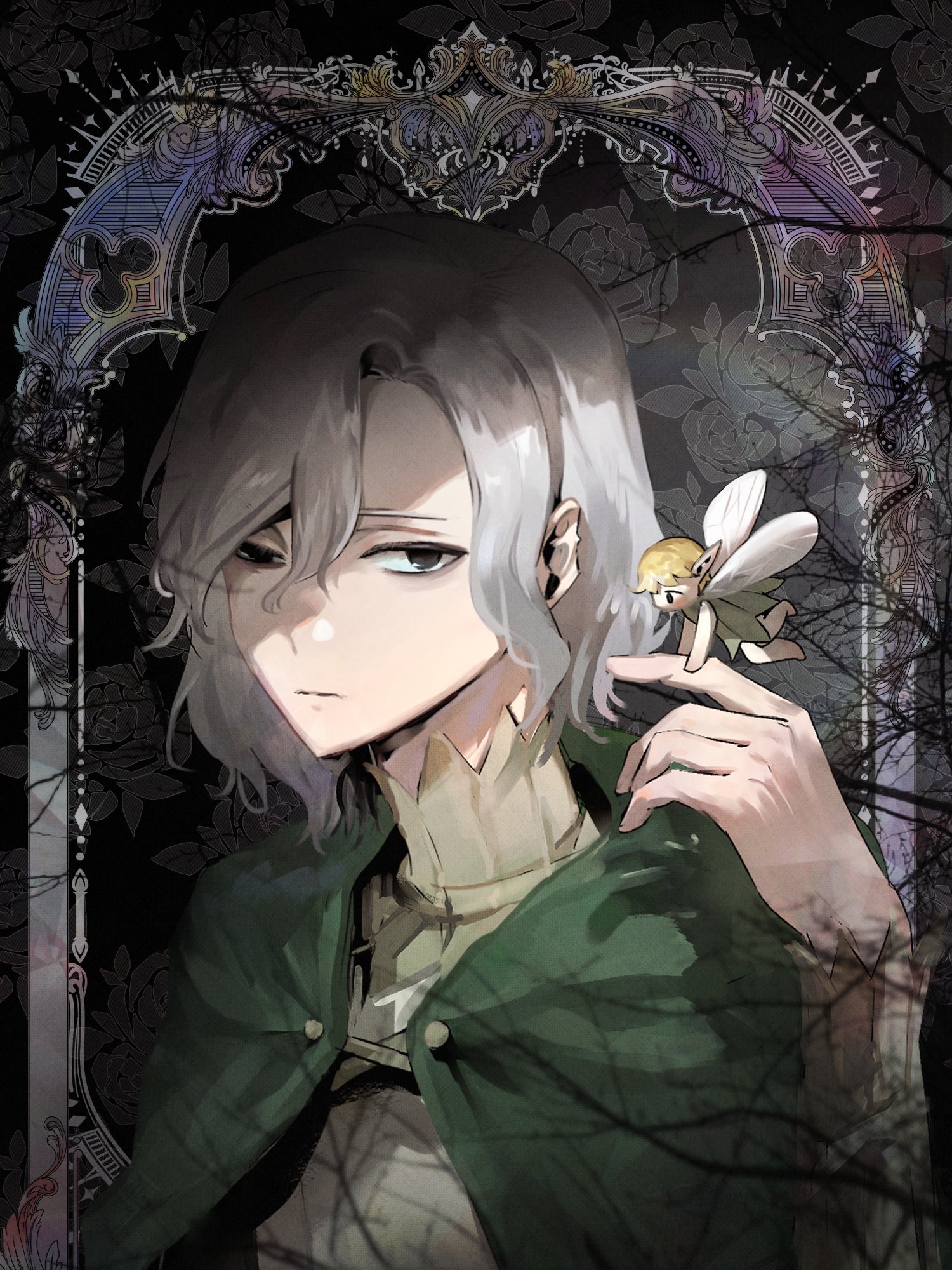 Safebooru - 1boy bags under eyes black eyes blonde hair border cloak dungeon meshi elf fairy ...