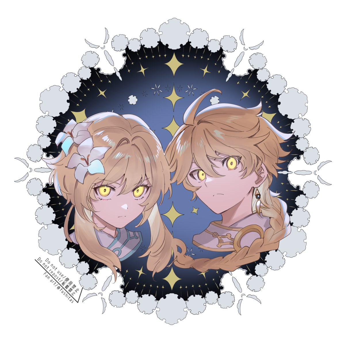 Safebooru - 1boy 1girl aether (genshin impact) ahoge artist name black background blonde hair ...