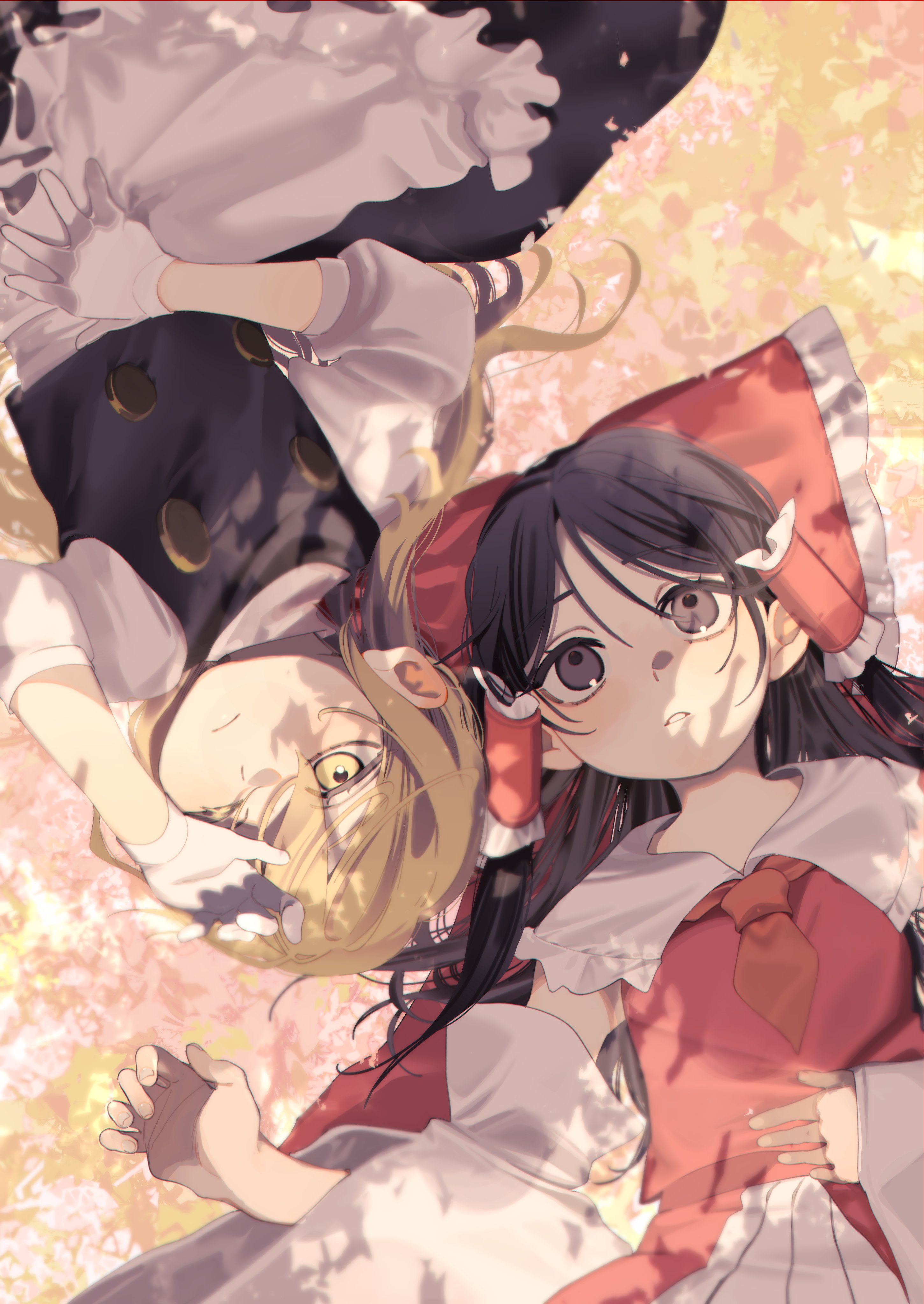 Safebooru - 2girls absurdres black hair black vest blonde hair bow commentary detached sleeves ...