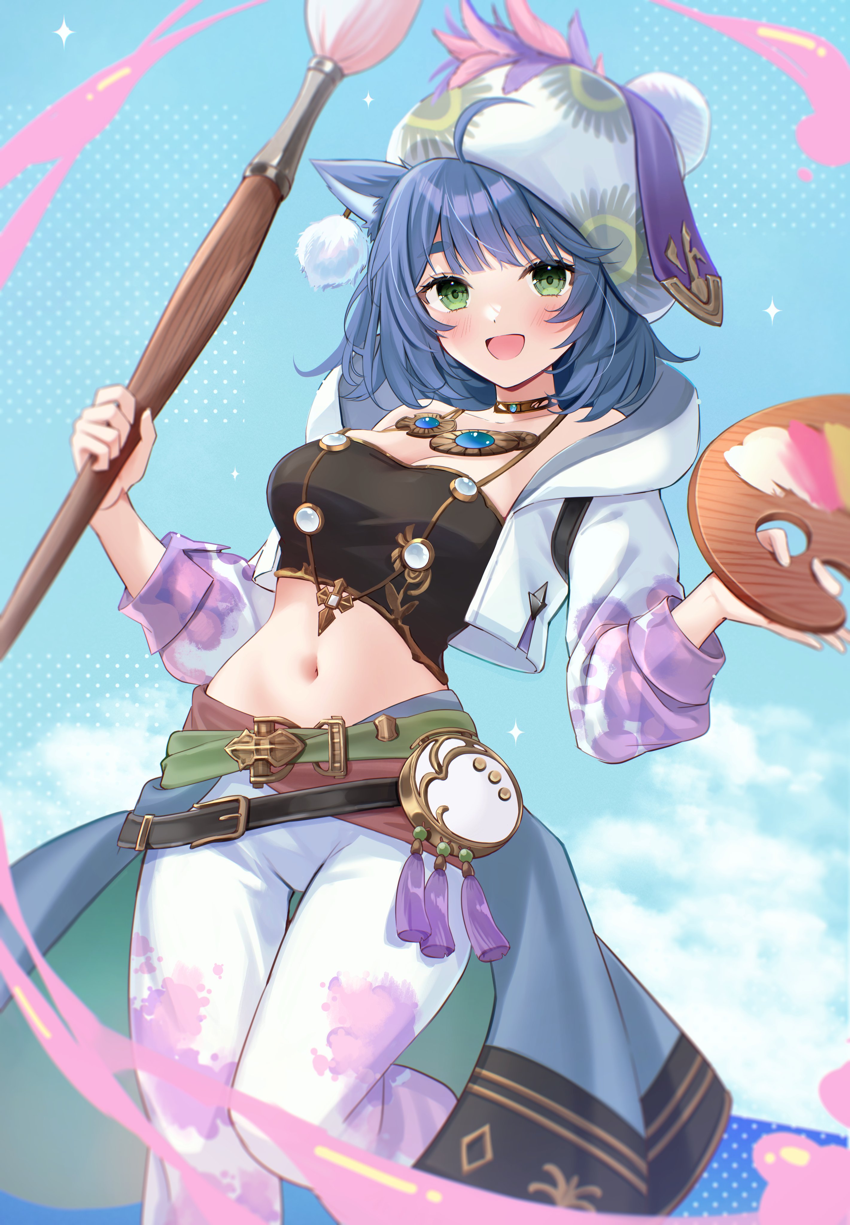 Safebooru - 1girl absurdres animal ears bandeau belt blue hair cat ears cropped jacket final ...