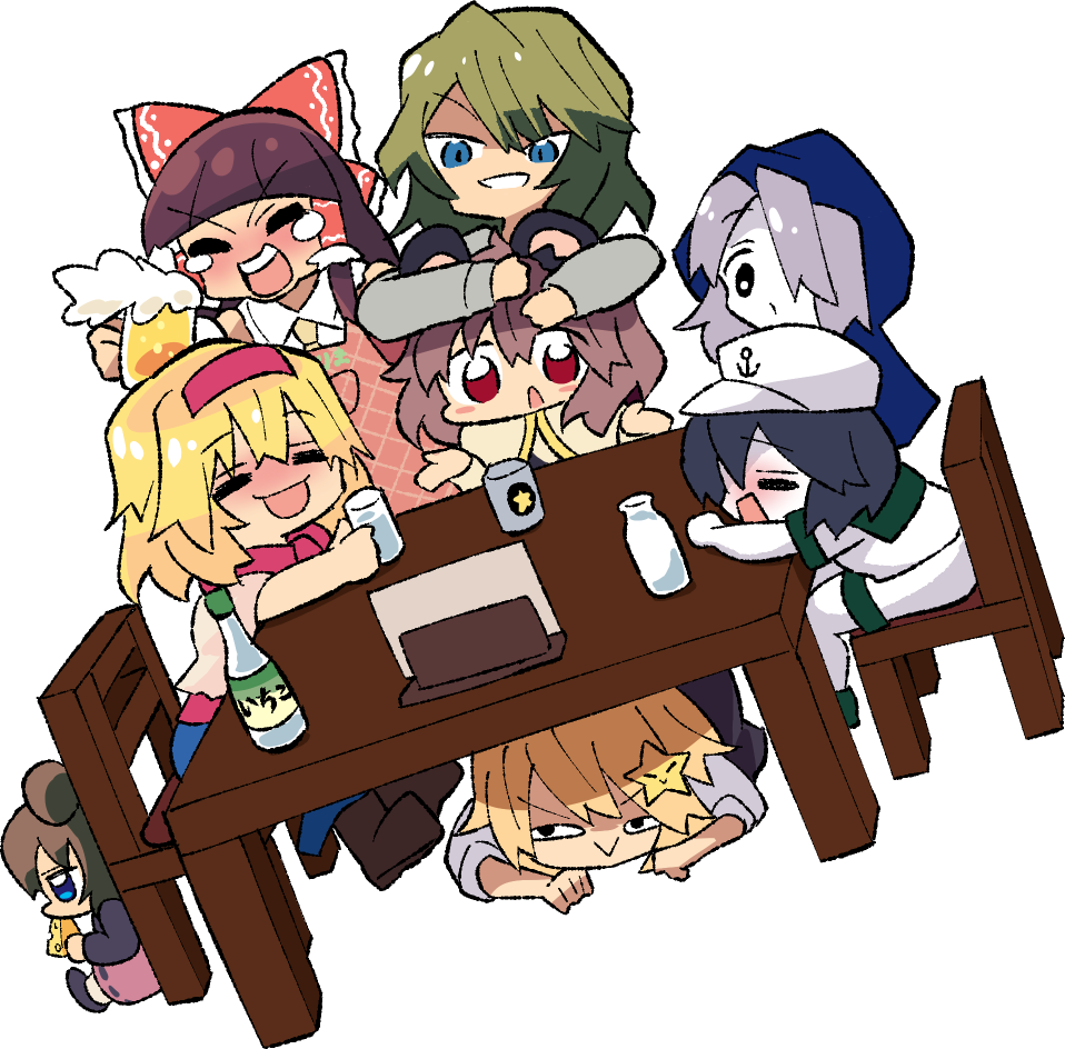 Safebooru - 6+girls :d akira (cookie) alcohol alice margatroid anchor symbol animal ears beer ...
