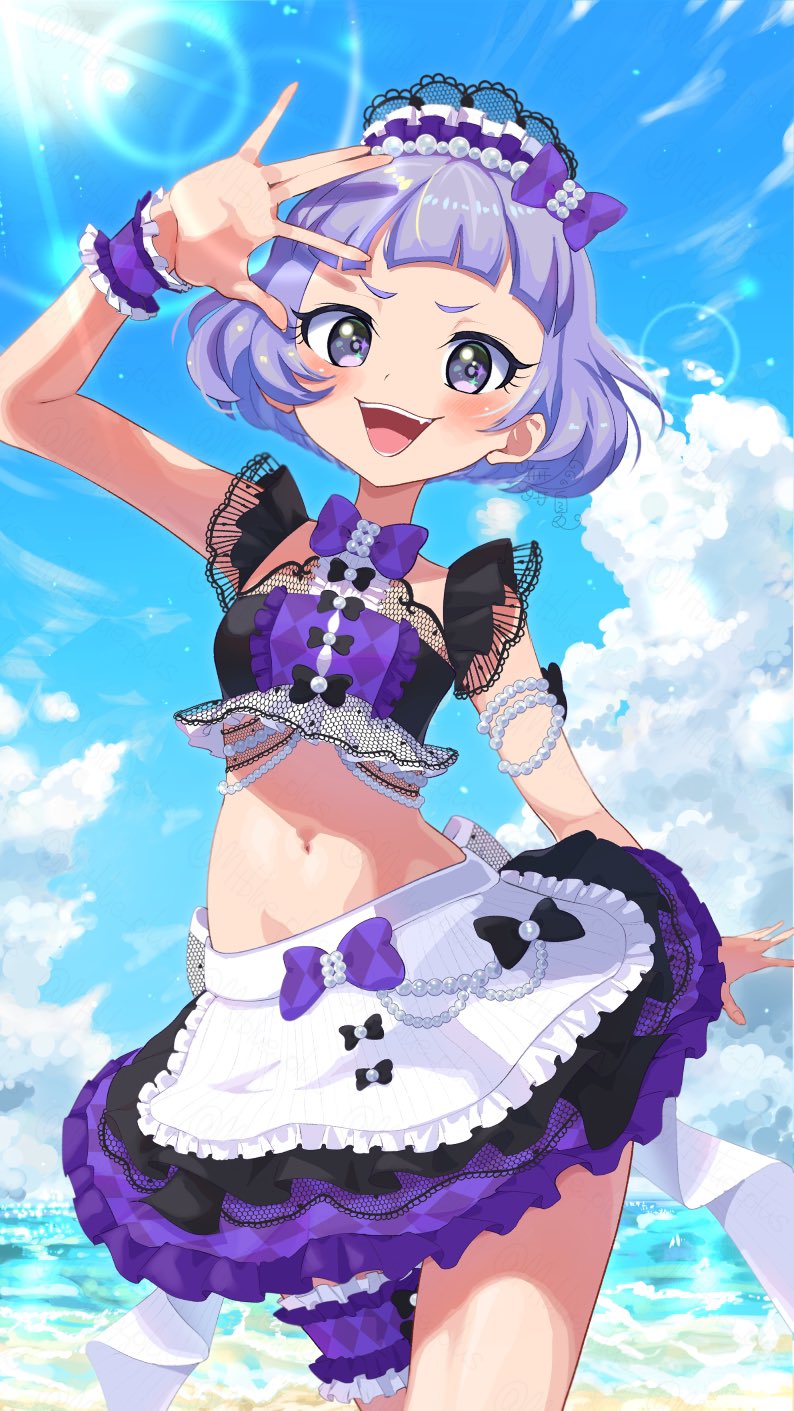 Safebooru - 1girl apron blue sky blush bow bow skirt clouds fang frilled skirt frills hair ...