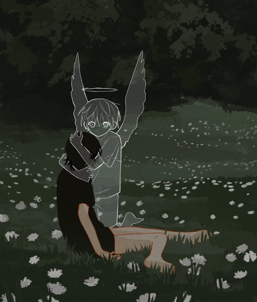Safebooru 1boy 1other Angel Angel Wings Barefoot Black Hair Black 4051