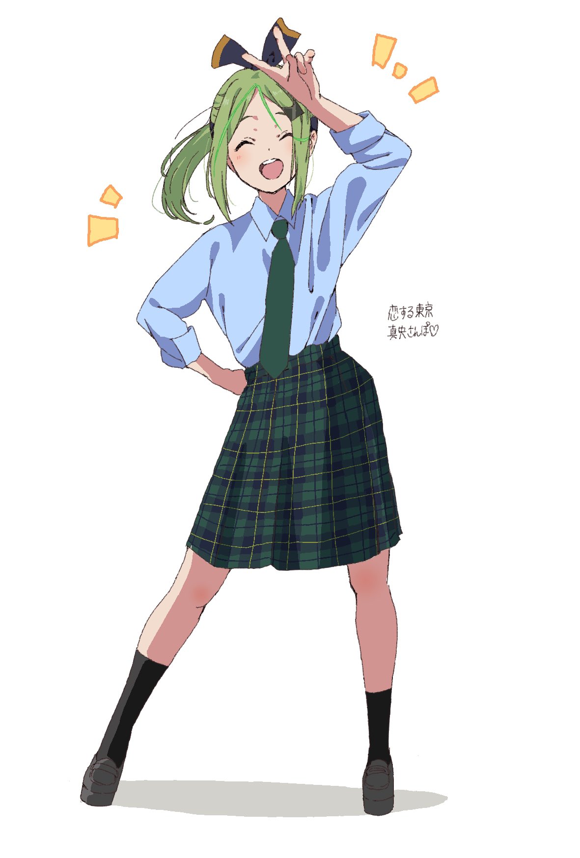 Safebooru - 1girl 22/7 :d ^ ^ arm up black footwear black socks blue shirt bow bow hairband ...