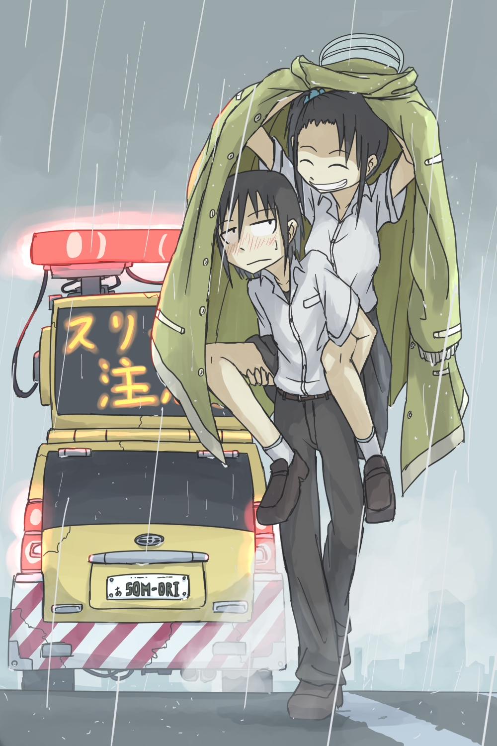 Safebooru - 1boy 1girl black footwear black hair black pants black skirt car carrying carrying ...