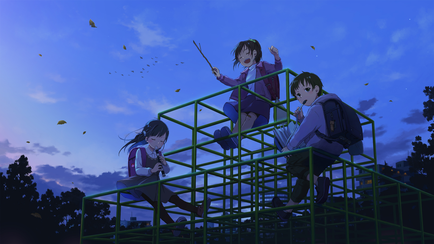 Safebooru - 1boy 2girls backpack bag bag charm bandaid bandaid on knee bandaid on leg bike ...