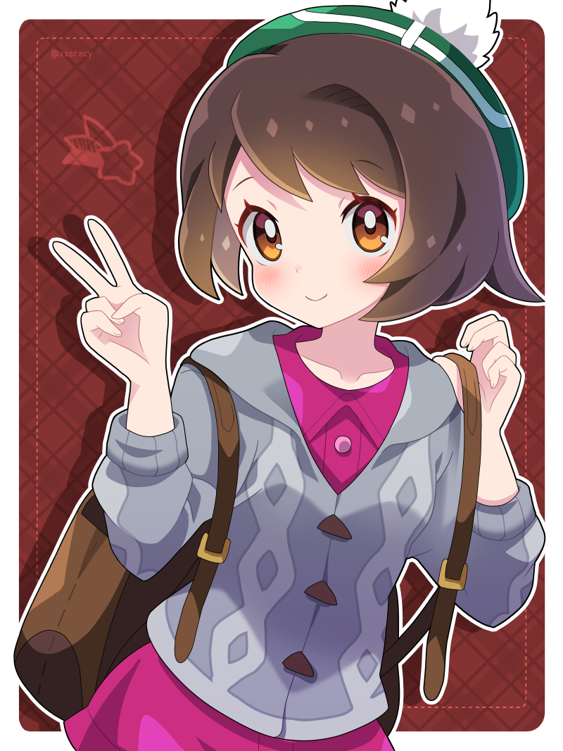 Safebooru - 1girl backpack bag blush border brown bag brown eyes brown hair cardigan closed ...