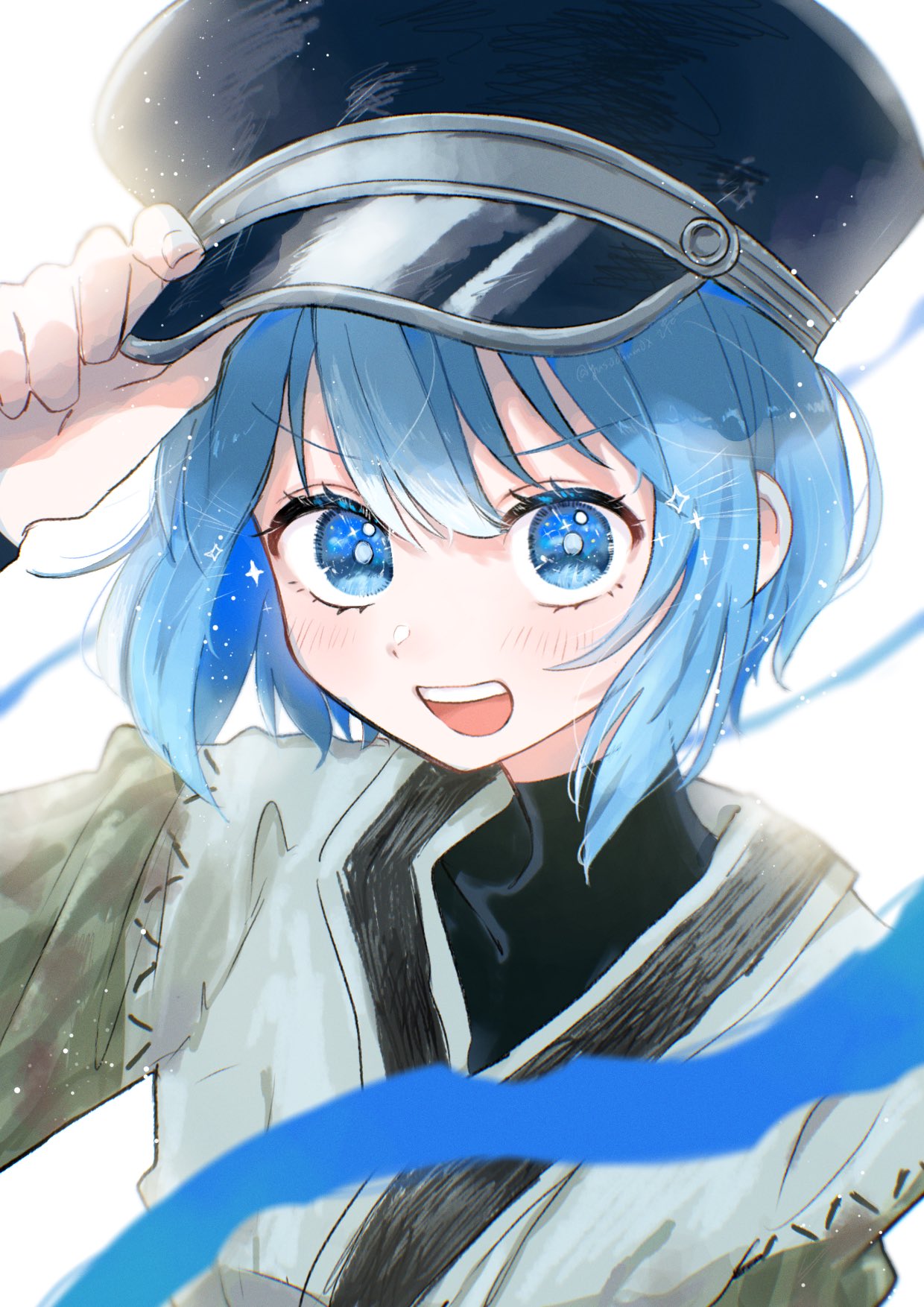 Safebooru - 1girl black hat blue eyes blue hair blue ribbon blush commentary request covered ...