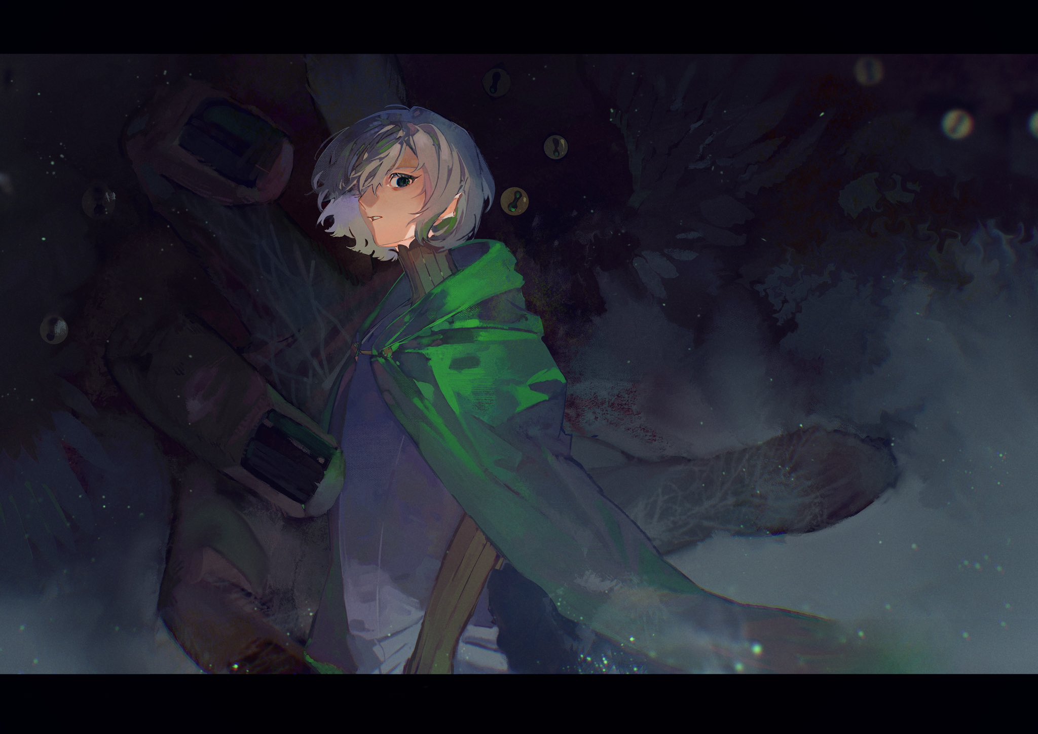 Safebooru - 1boy black eyes black nails cloak demon dungeon meshi elf extra eyes giant hand goat ...