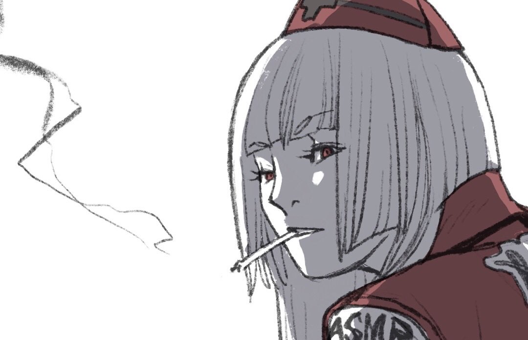 Safebooru - 1girl adapted costume blunt bangs cigarette coat commentary ...