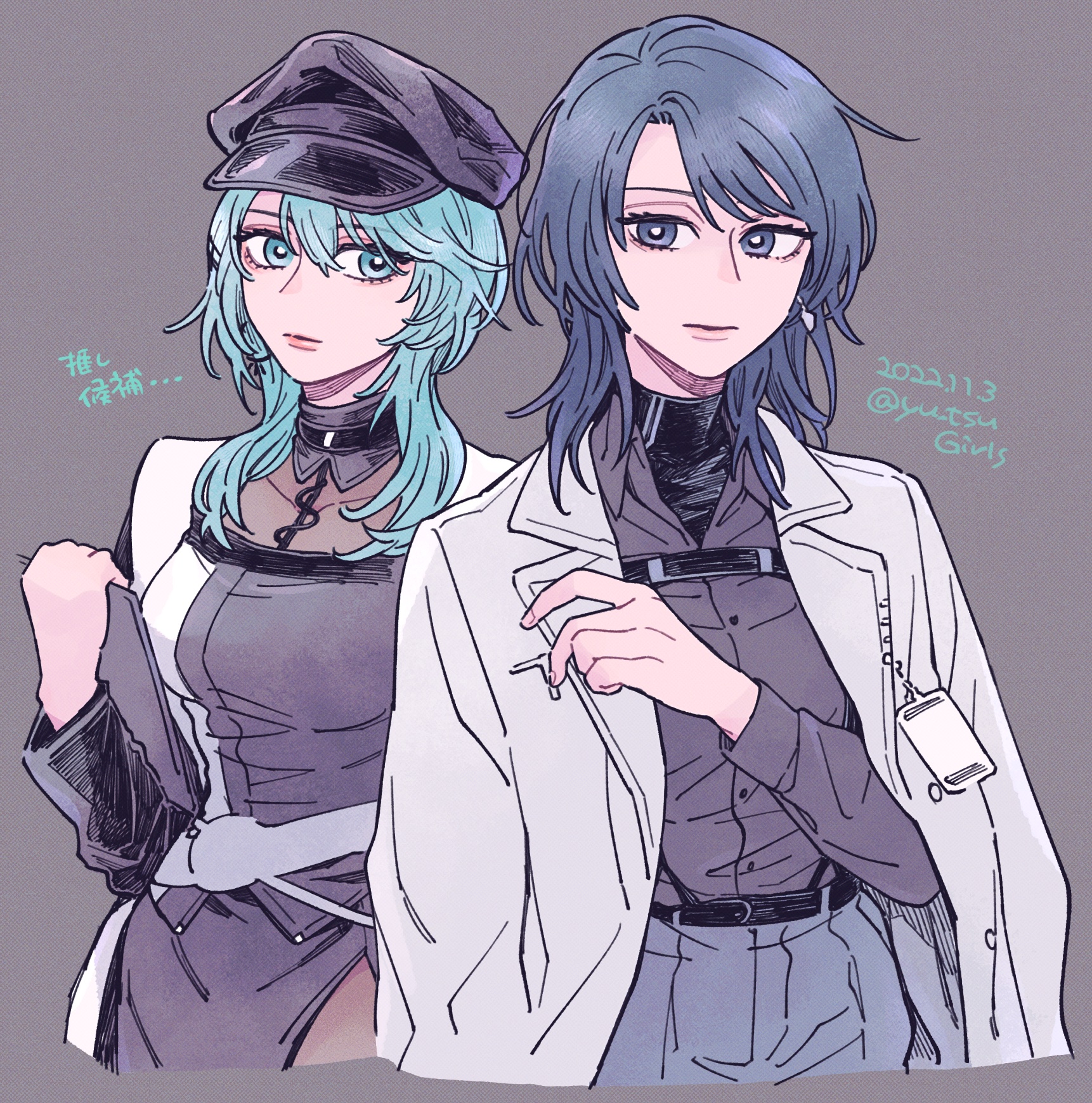 Safebooru - 2girls aqua eyes aqua hair black dress black hat black pantyhose black undershirt ...