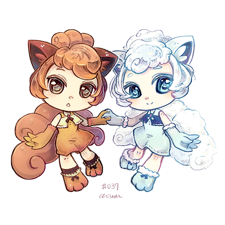 Safebooru - 2girls alolan vulpix animal ears blue eyes brown dress ...