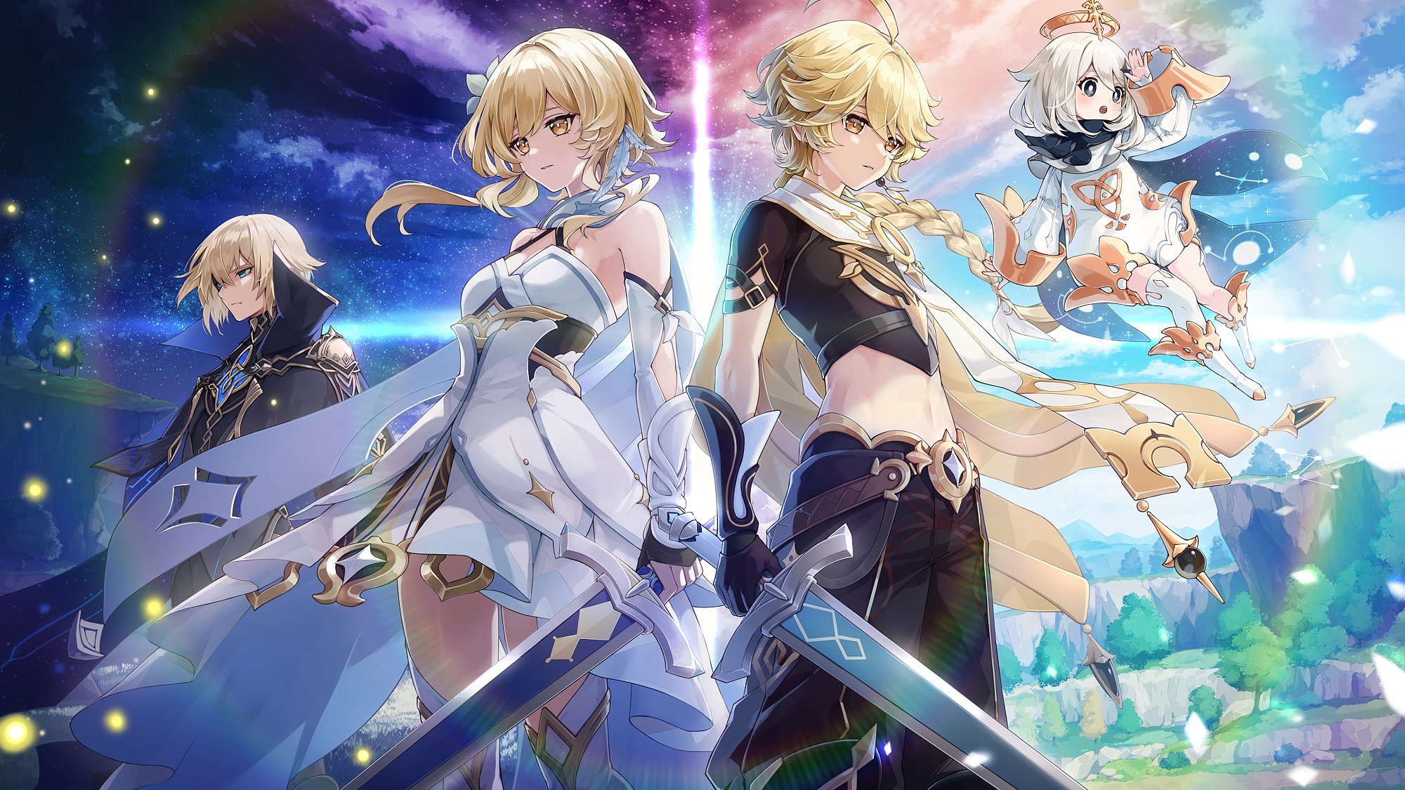 Safebooru - 2boys 2girls aether (genshin impact) ahoge bare shoulders black cape black mask ...