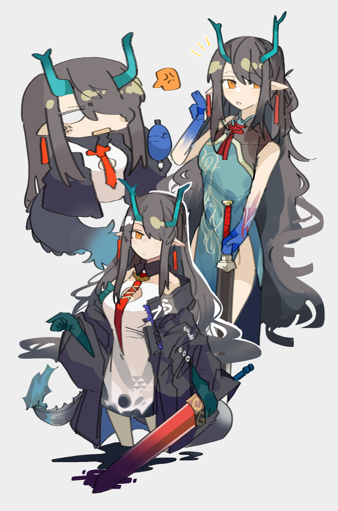 Safebooru - 1girl anger vein arknights black hair chibi china dress chinese clothes colored skin ...