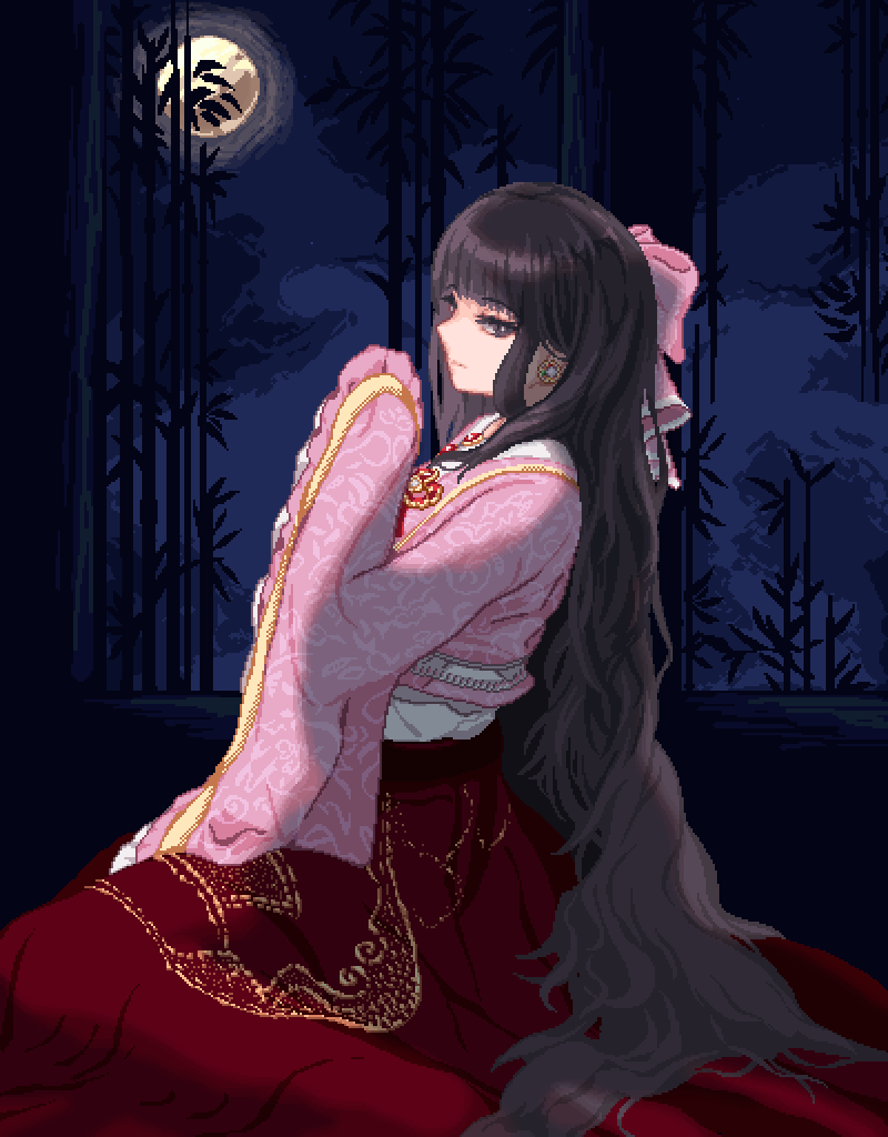Safebooru - 1girl bamboo black hair blunt bangs bow brown eyes closed mouth frills full moon ...