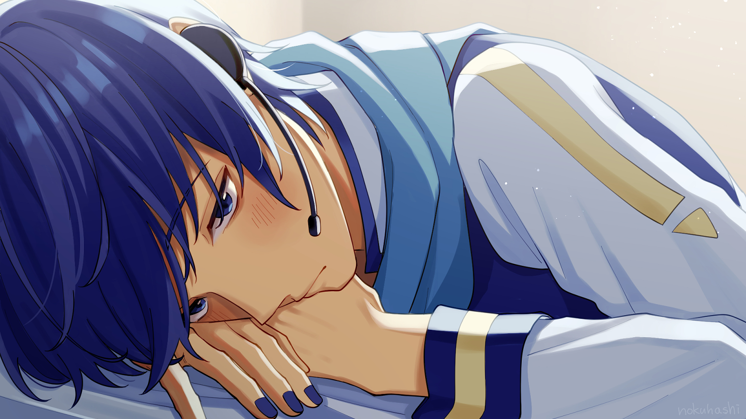 Safebooru - 1boy blue eyes blue hair blue nails blue scarf blush closed ...