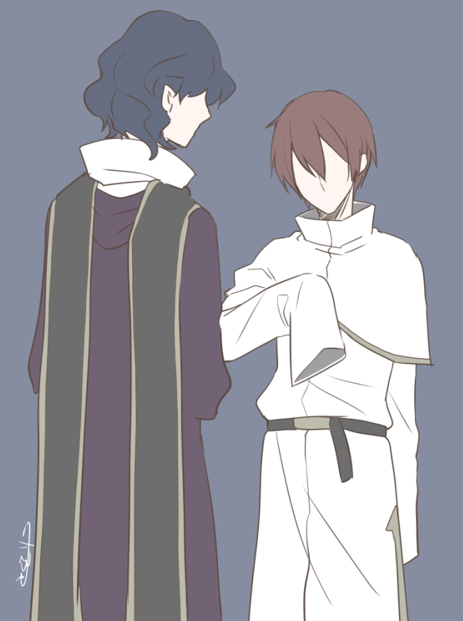 Safebooru - 2boys belt black belt blue hair capelet commentary request gold trim grey background ...