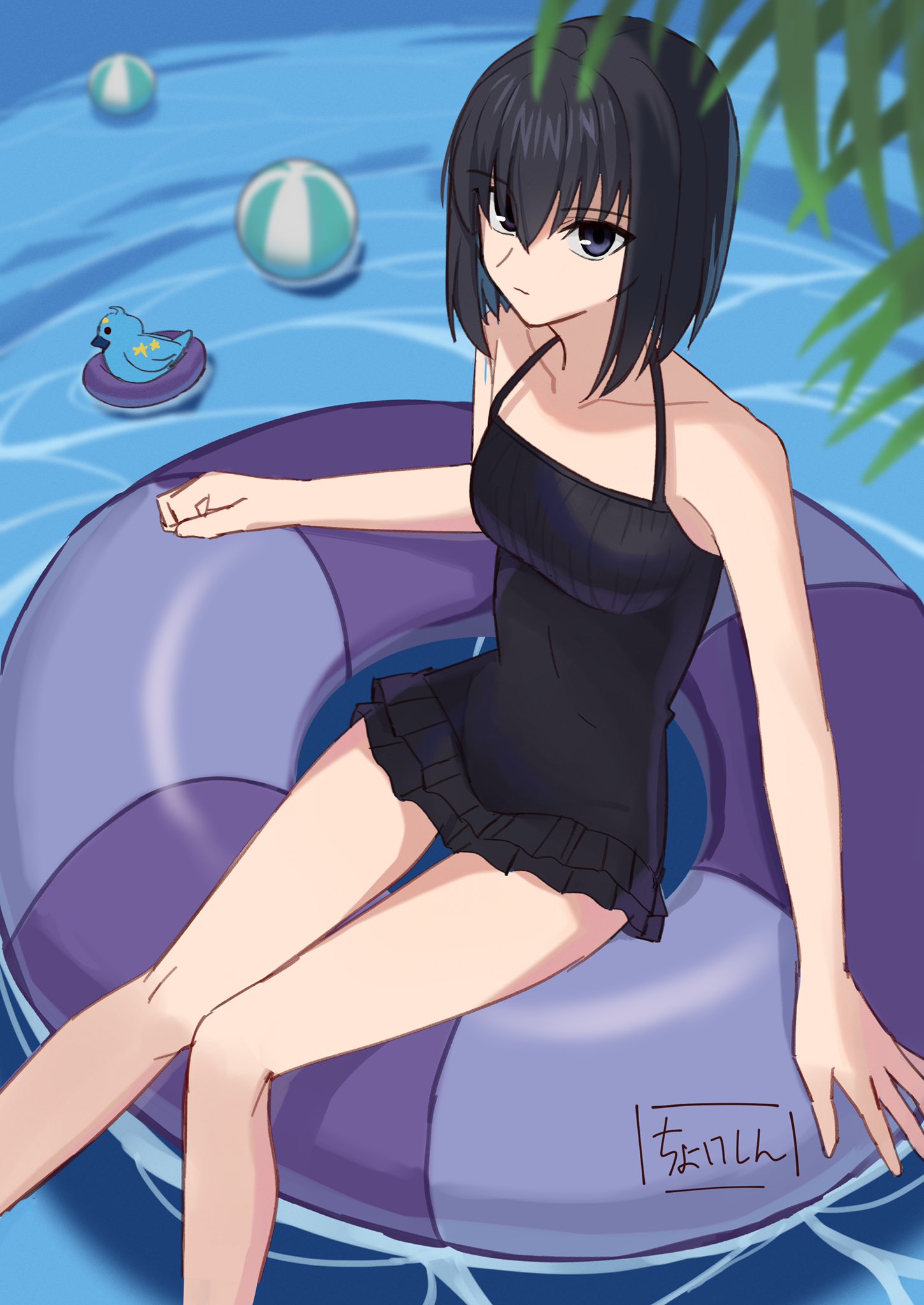 Safebooru - 1girl alternate costume animal ball beachball bird black dress black hair blue bird ...