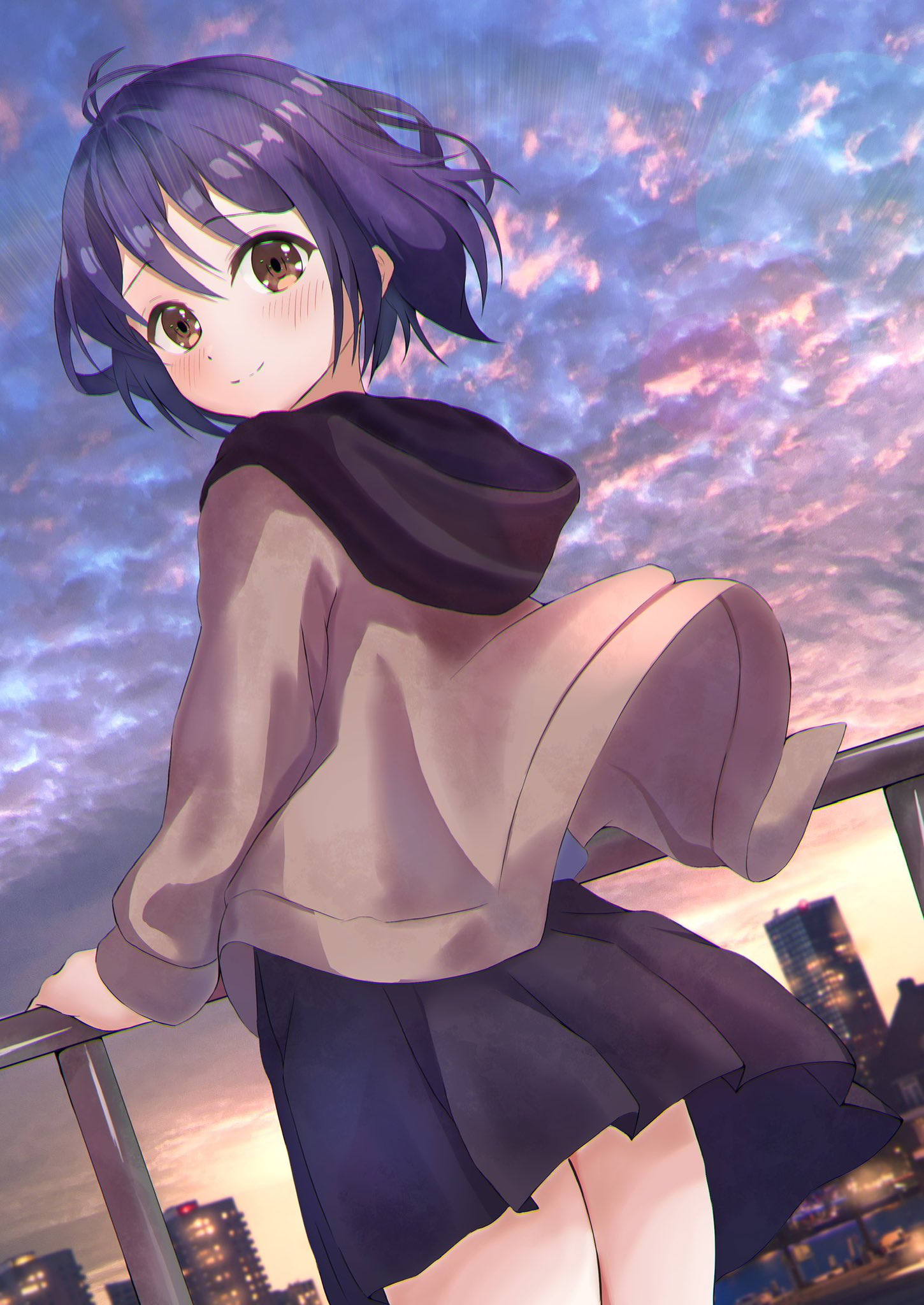 Safebooru - 1girl 22/7 antenna hair black skirt blue hair blush brown eyes building closed mouth ...