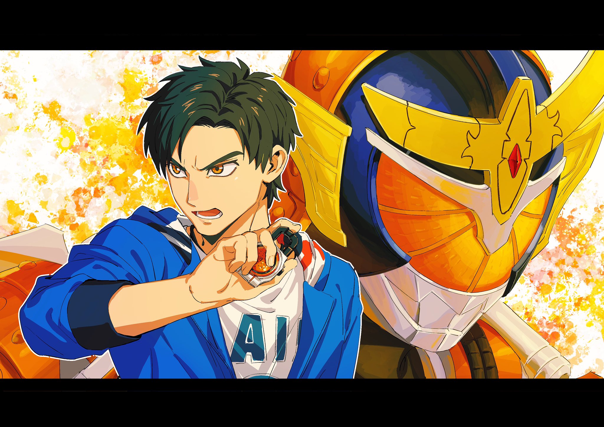 Safebooru - 1boy armor assault visor black hair blue jacket brown hair ...