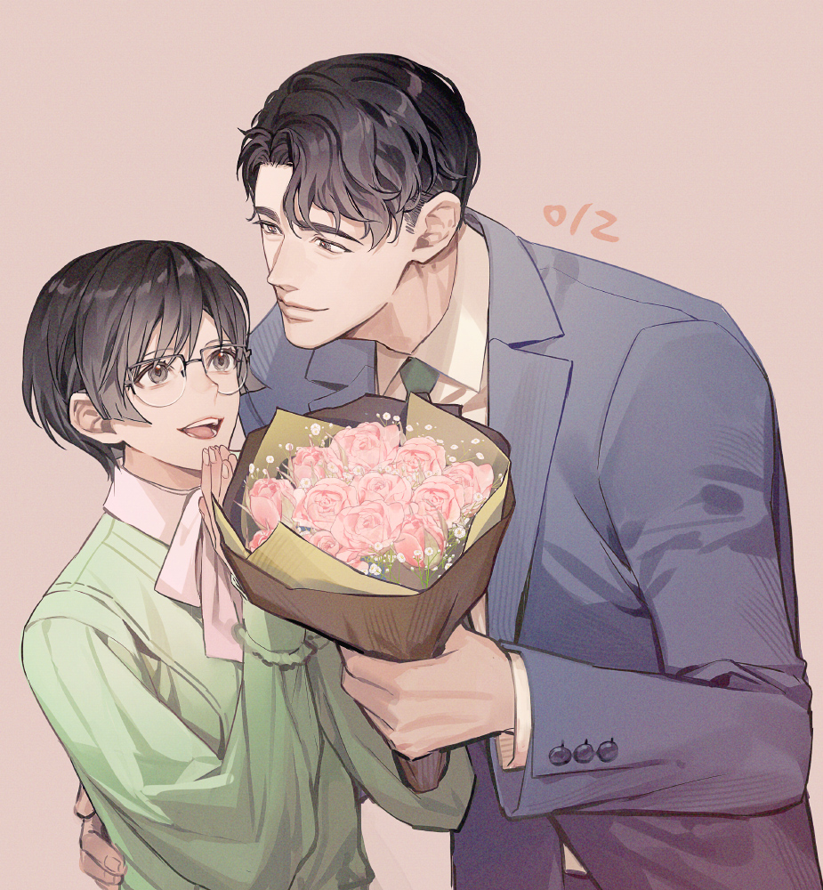 Safebooru - 1boy 1girl black hair blue jacket bouquet commentary ...