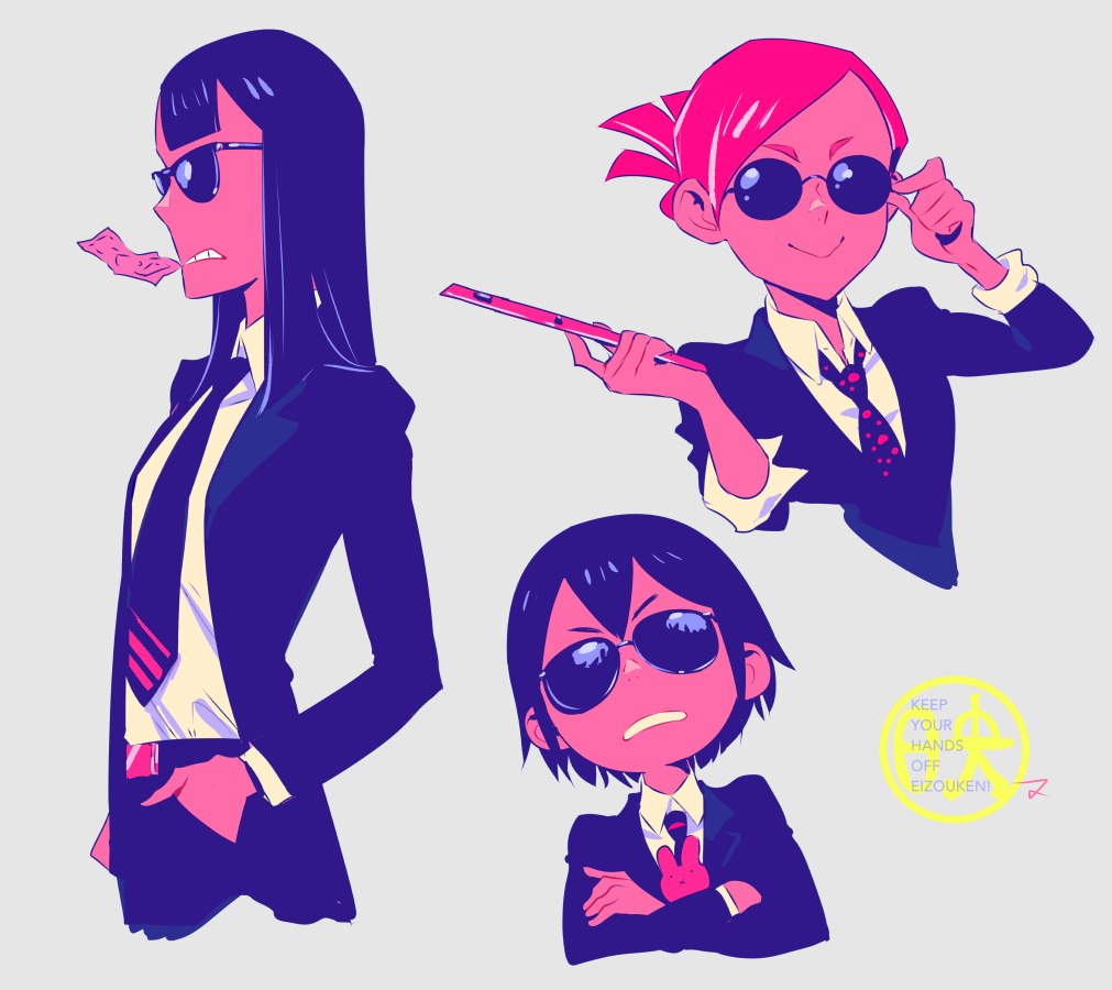 Safebooru - 3girls adjusting eyewear asakusa midori asymmetrical bangs collared shirt commentary ...